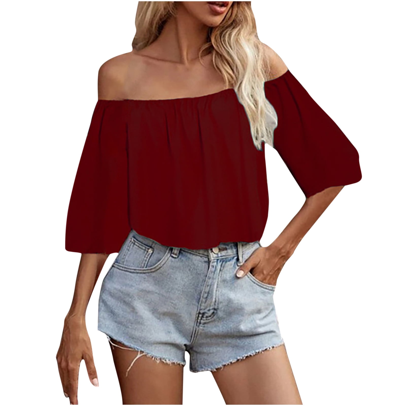 Women's Strapless Off the Shoulder Blouses 3/4 Sleeve Solid Casual Summer T Shirts Trendy Shirts ...