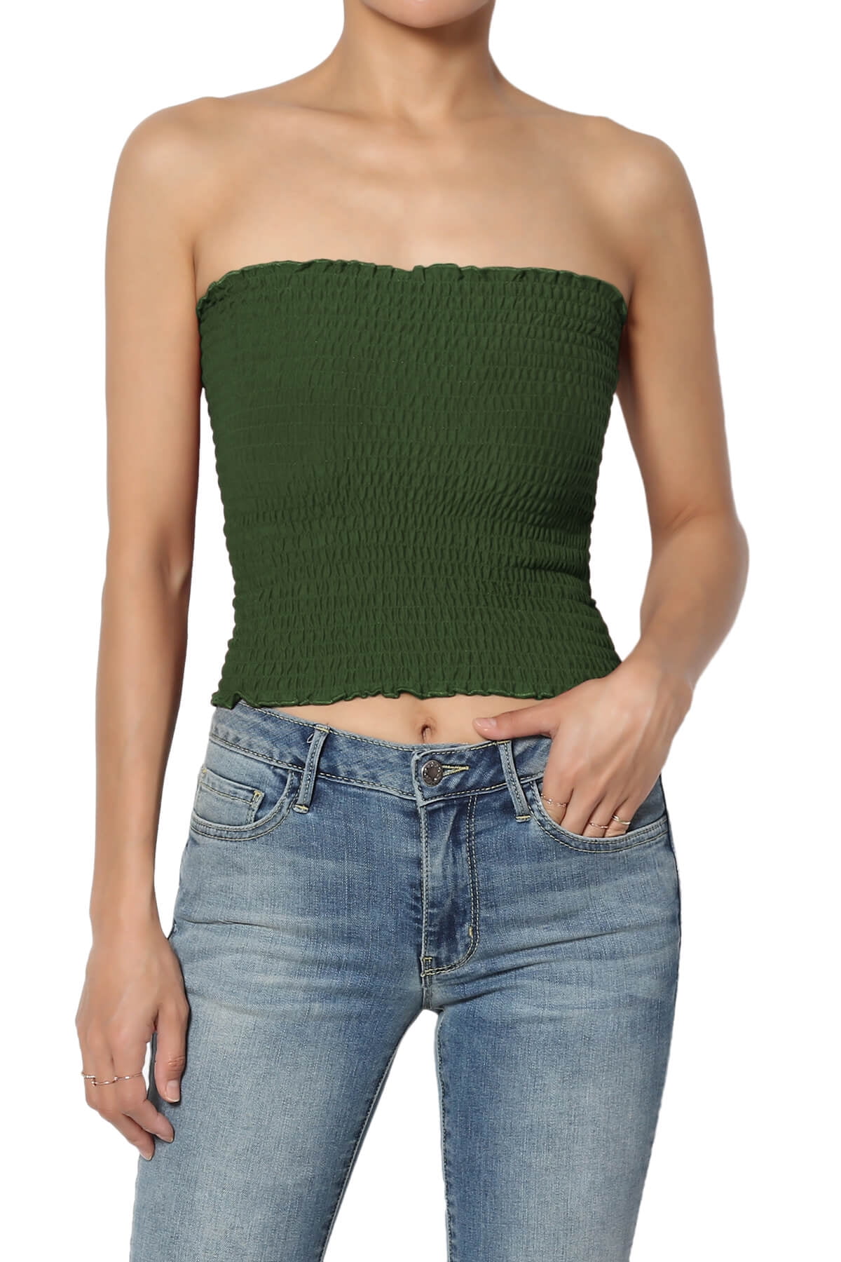 Women's Strapless Smocked Crop Tube Top Scalloped Hem Stretch Bustier ...