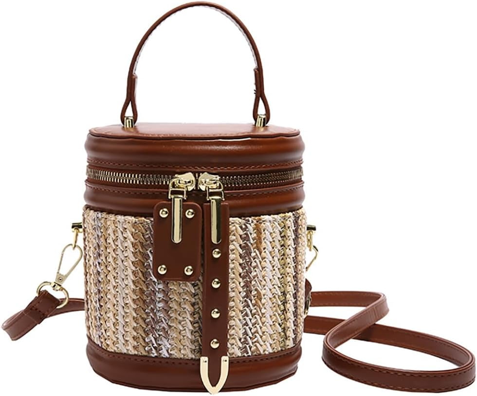 Women’s Straw Beach Handbag Cylinder Bucket Bag PU Leather Summer ...
