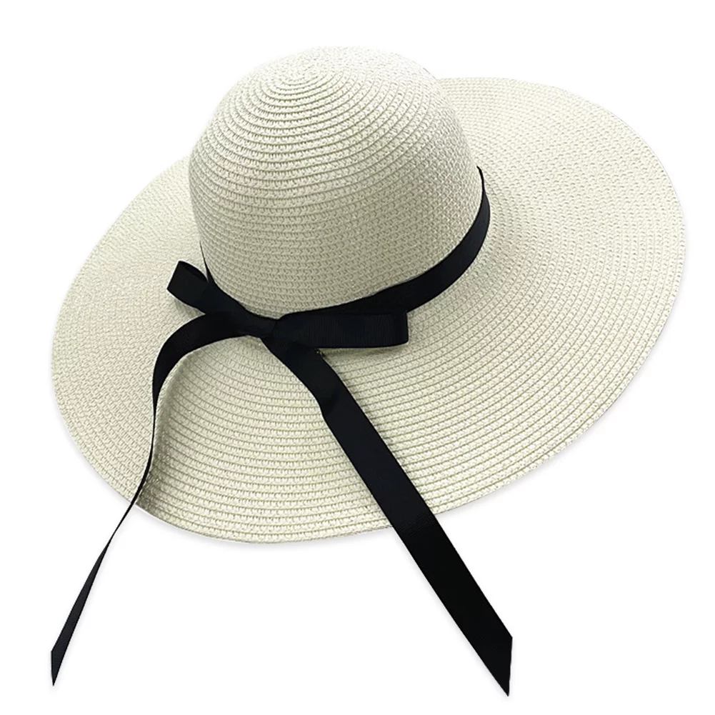 Women's Straw Sun Hat Wide Brim Flat Beach Hat Summer Sun Protection ...