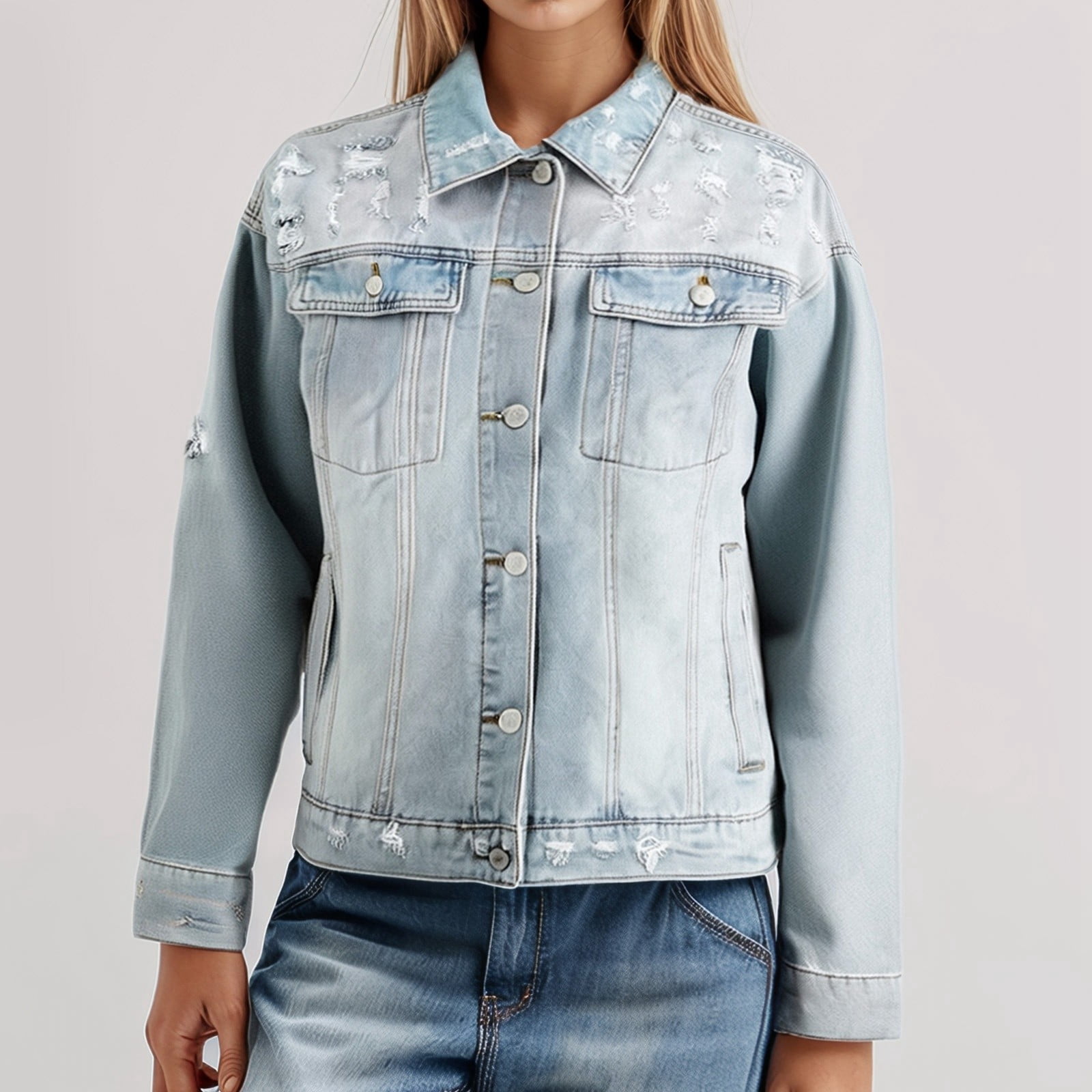 Women's Street Style Light Blue Washed Denim Jacket Womens Long Denim ...