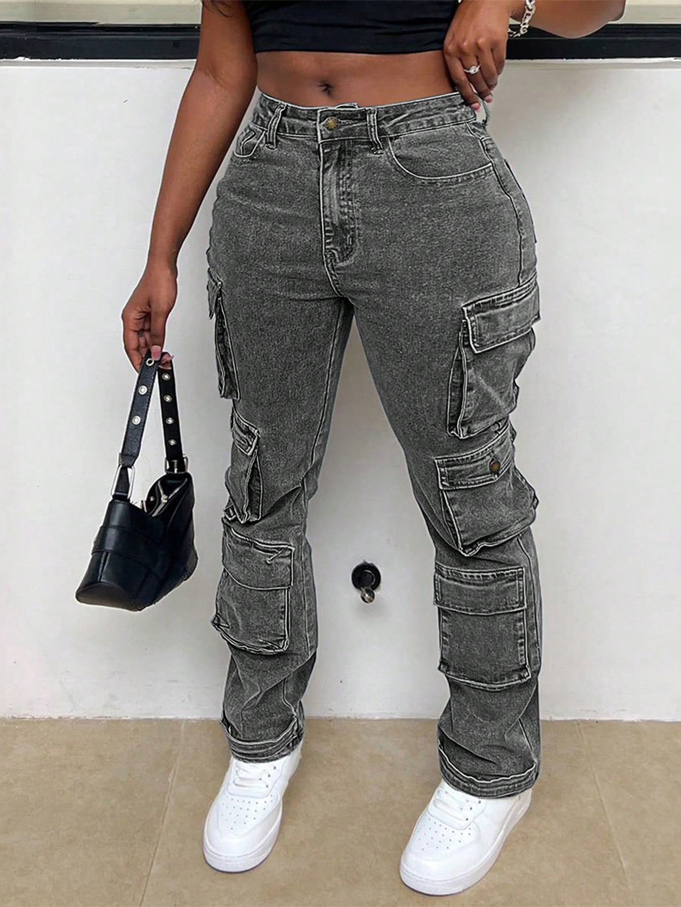 Women's Stretch Flared Cargo Jeans Multi Pockets Long Denim Pants Retro ...