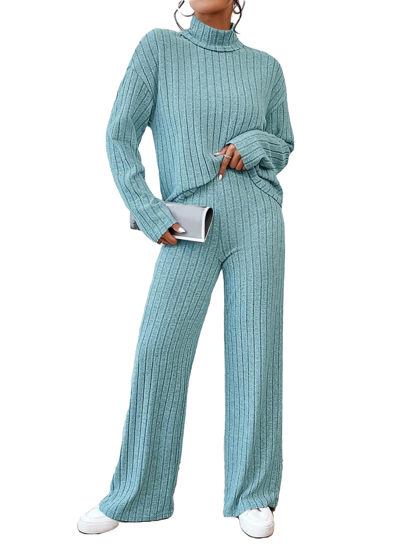 Women's Stretch Plain Casual Plain High Neck Blue Two-piece Outfits ...