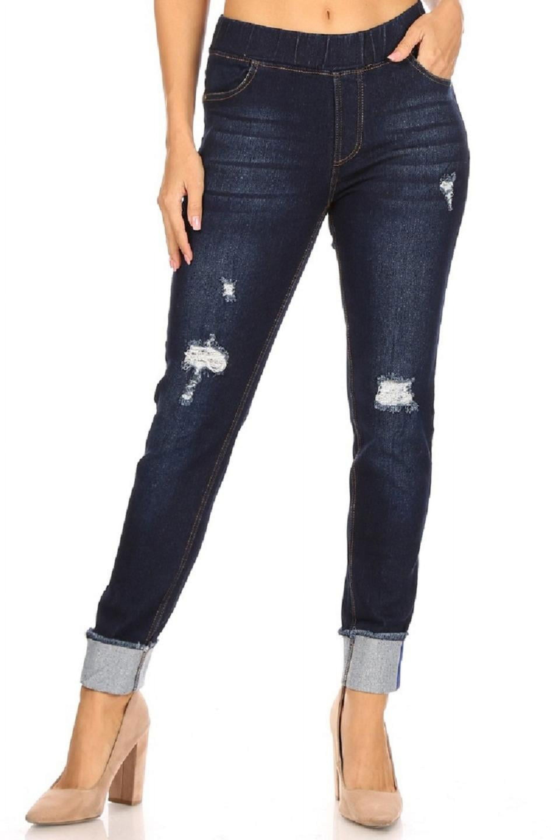 Women's Stretch Pull On Skinny Jeans Ripped Rolled Striped Cuff Denim ...