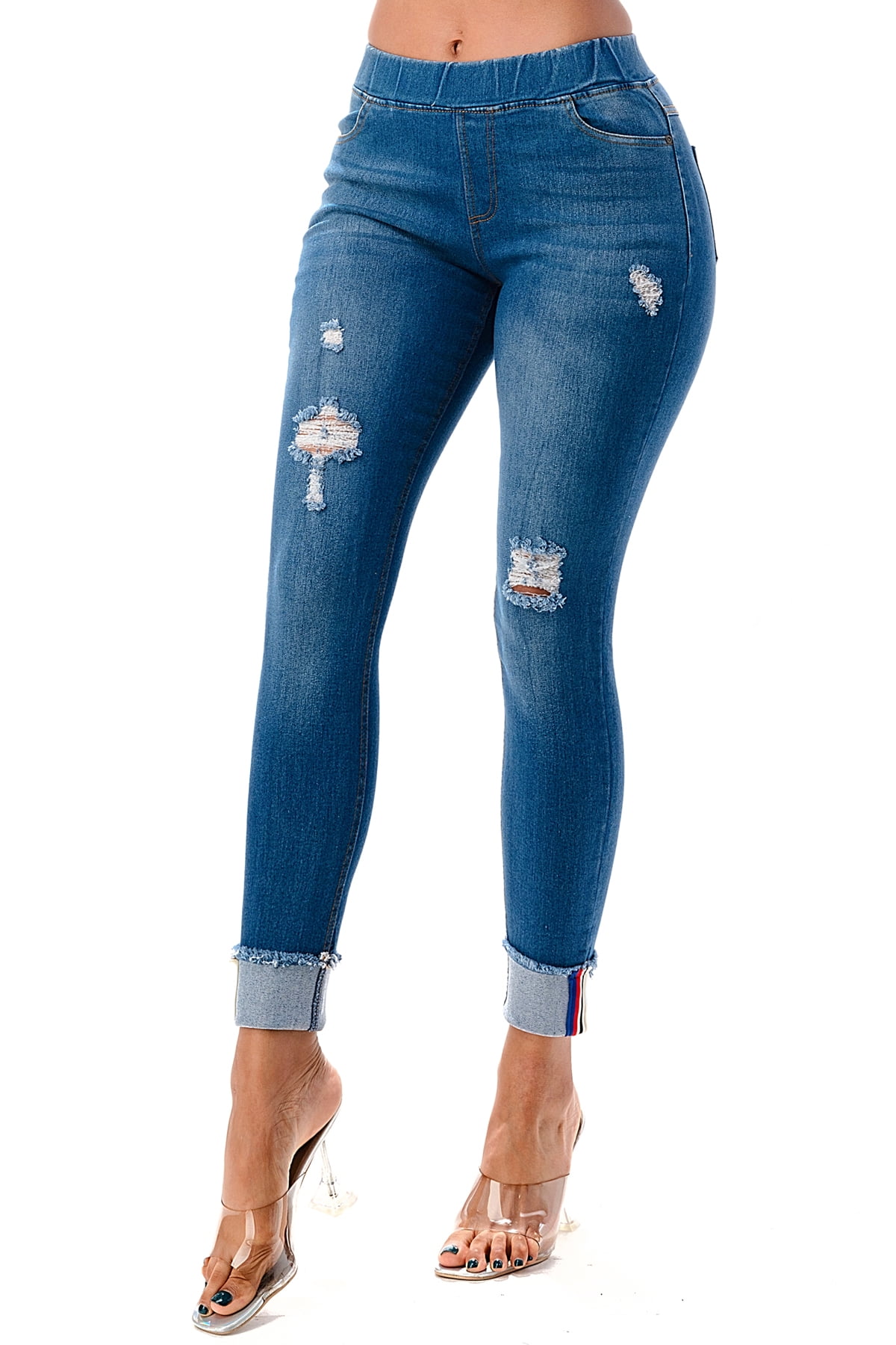 Women's Stretch Pull On Skinny Jeans Ripped Rolled Striped Cuff Denim ...