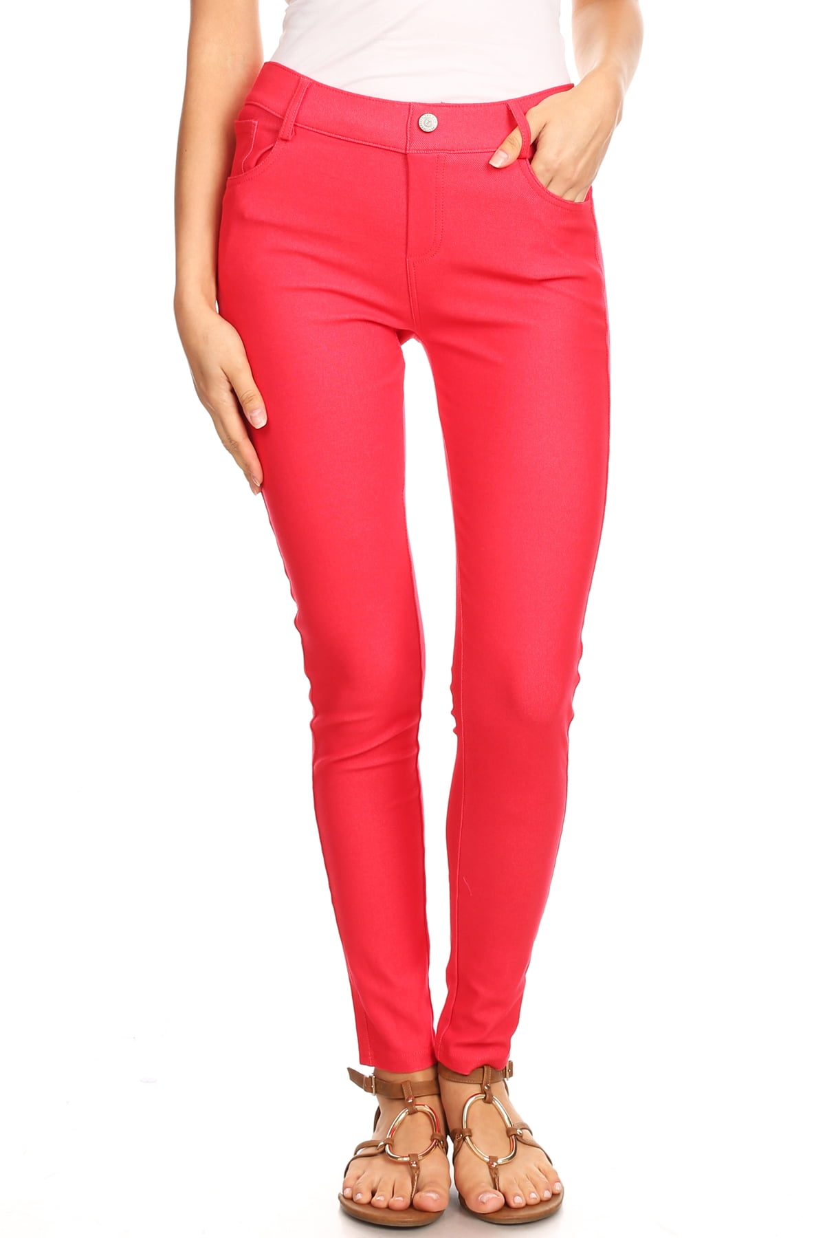 Women's Stretchy Slim Jeggings with 5 Pockets Cotton Blend, Red Large ...