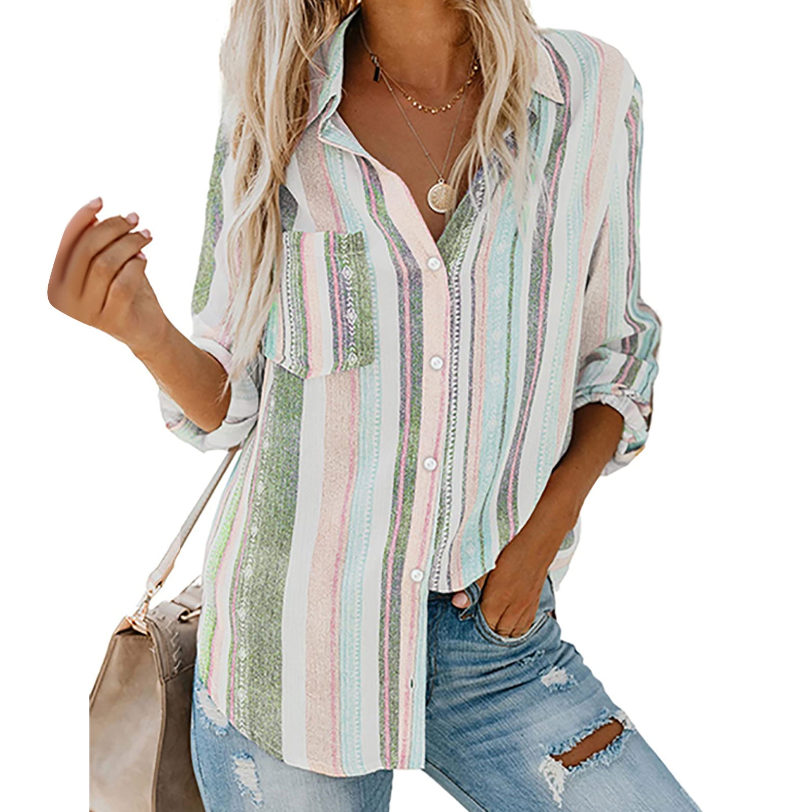 Women's Striped Button Down Shirts Loose Fit Boyfriend Style Vertical ...