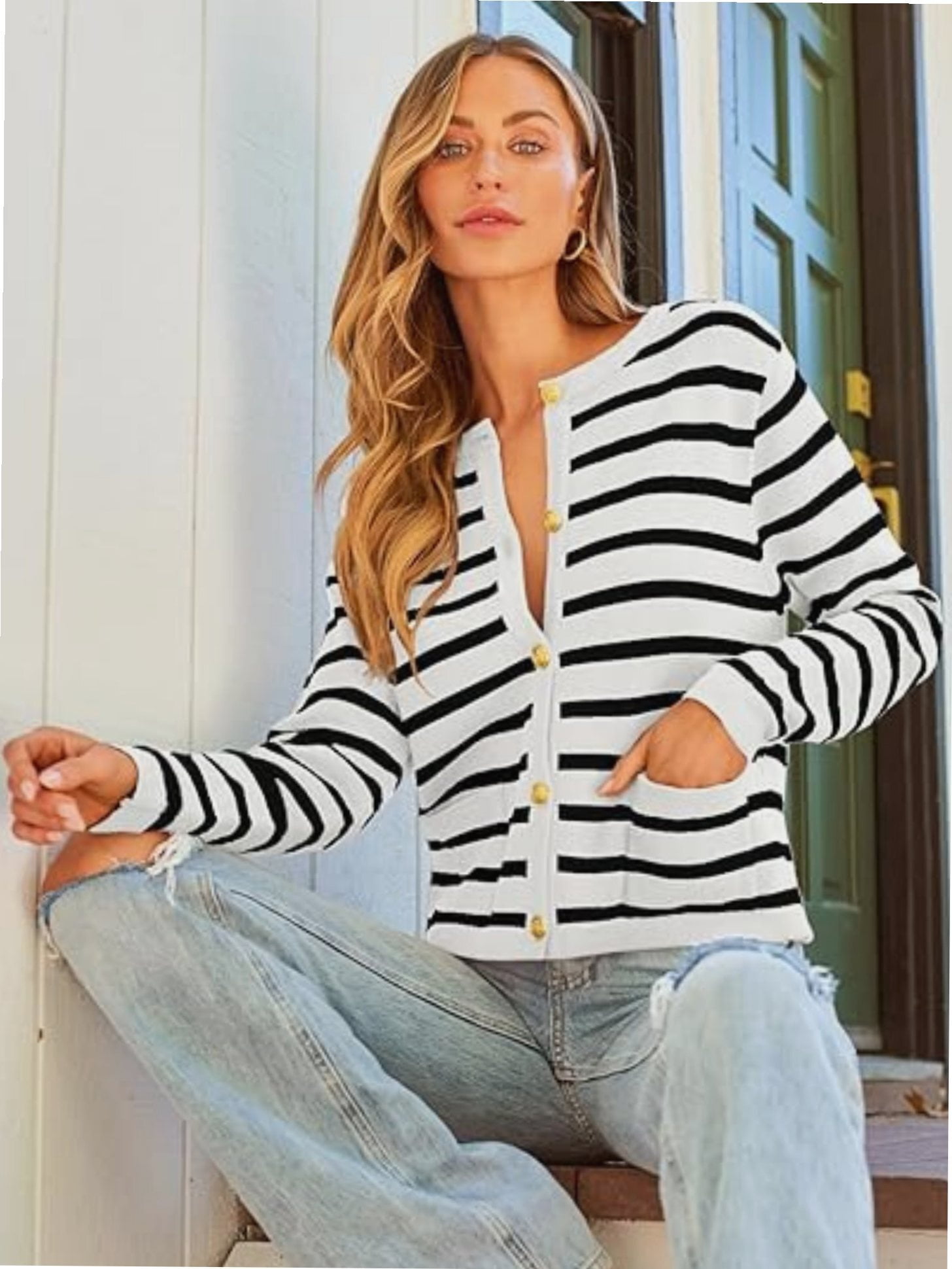 Women's Striped Cardigan Sweater Trendy Long Sleeve Button Down Crew ...