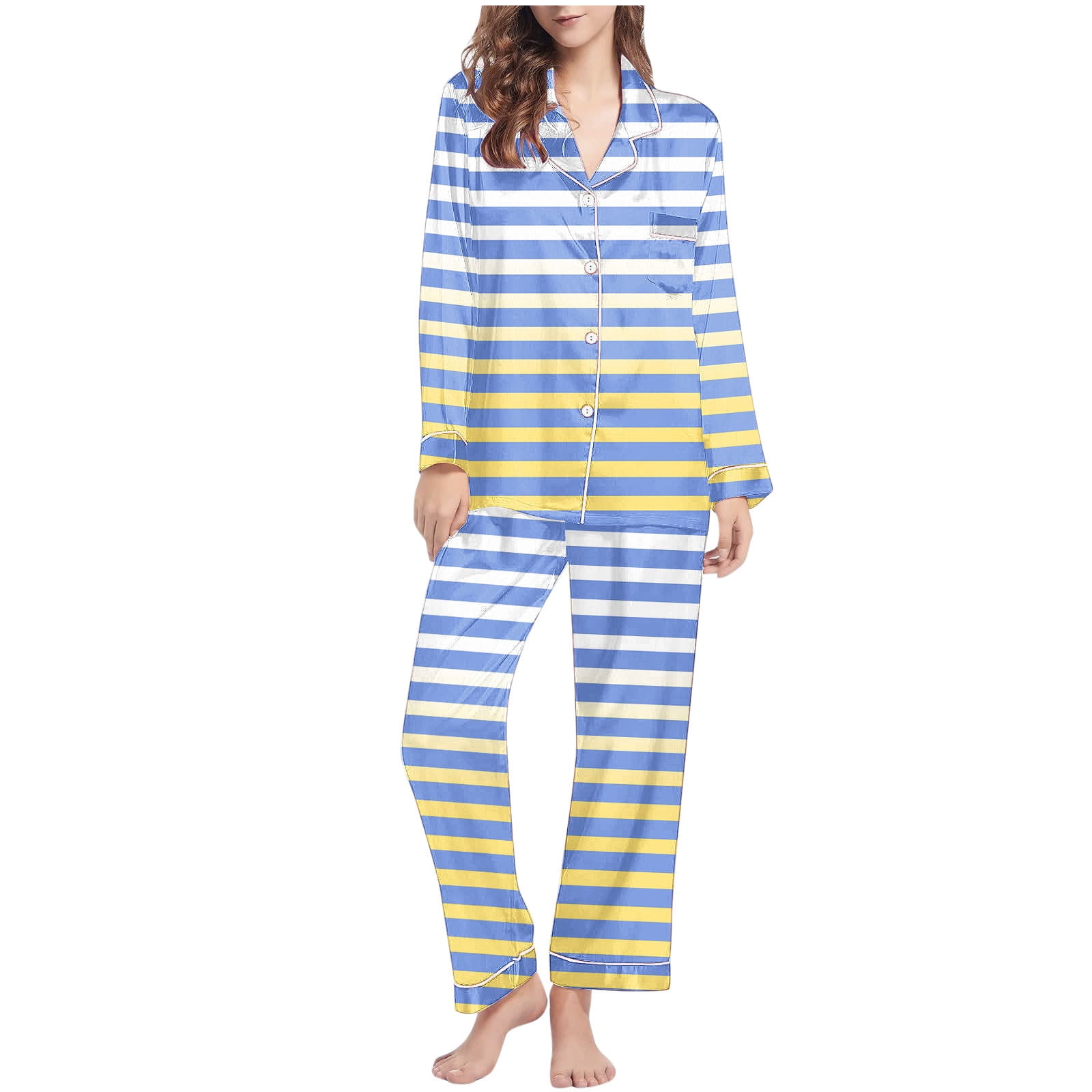 Women's Striped Pajama Set Long Sleeve Button Up Shirt and Full-Length Pjs Bottom 2 Piece ...