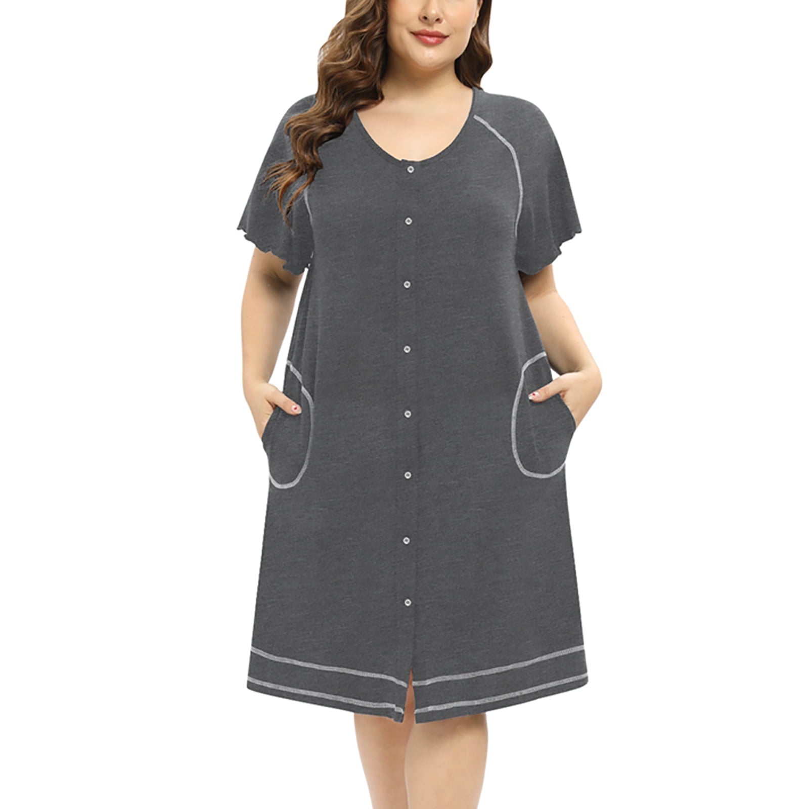 Women's Striped Sleepwear Button Down Duster Robe Short Sleeve House ...