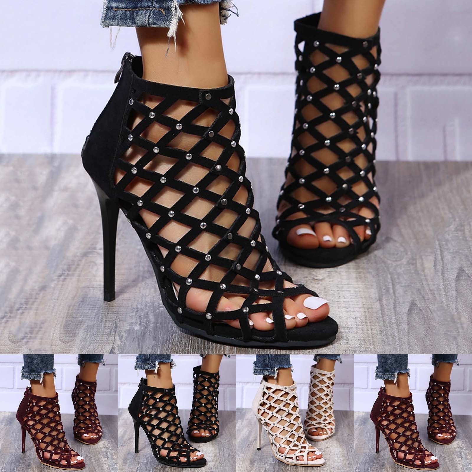 Women's Studded Cutout Heeled Sandals, Peep Toe Stiletto Dress Shoes ...
