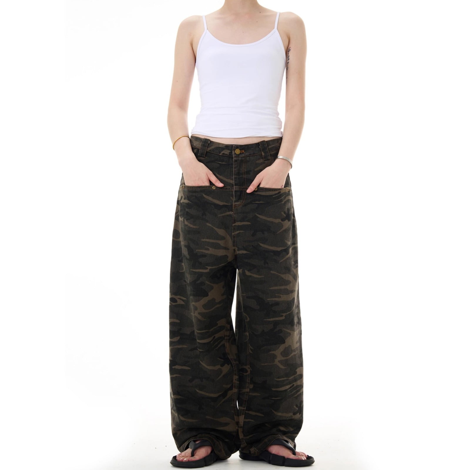 Women's Stylish Retro Camo Straight Leg Baggy Wide Leg Pants Jean Pants ...