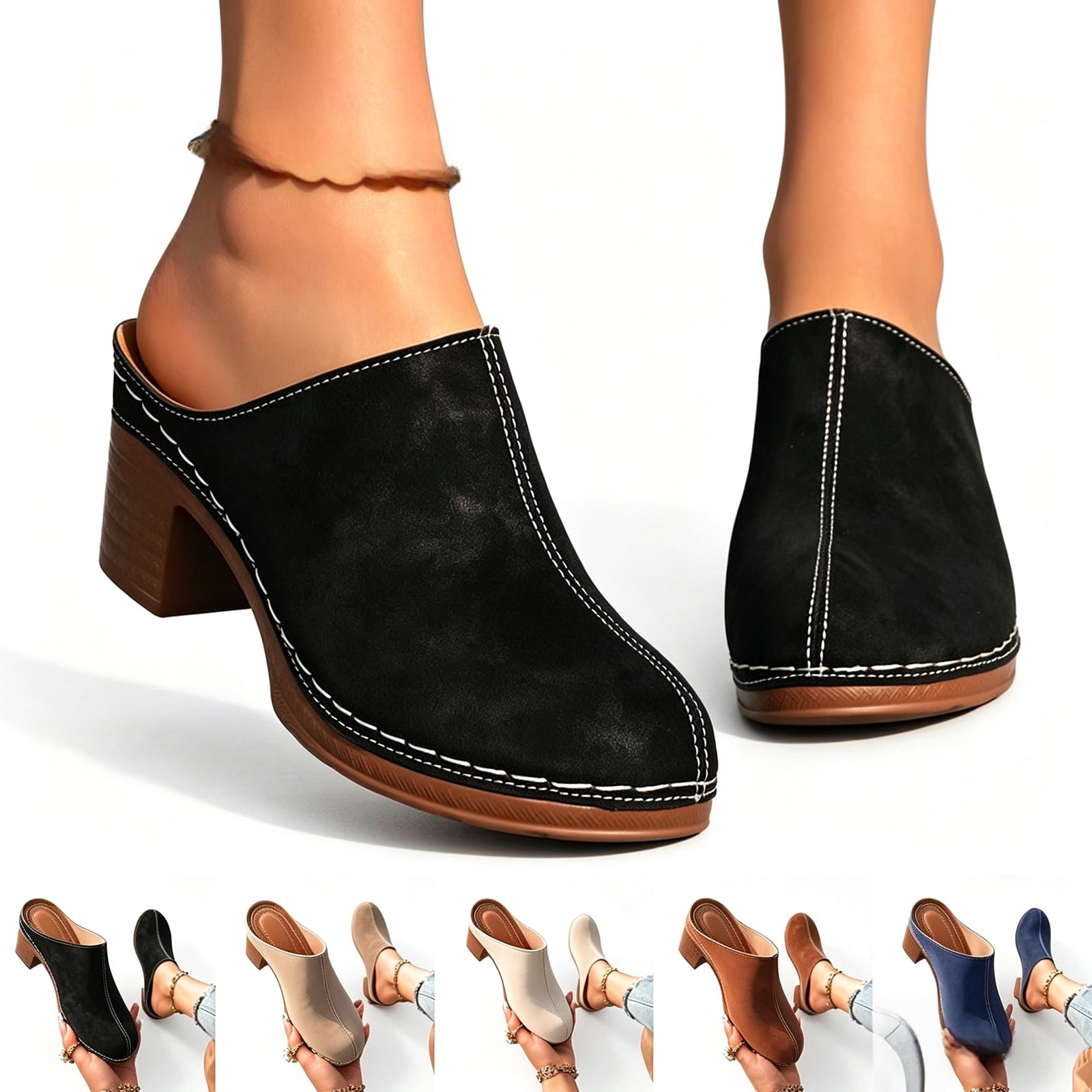 Women's Suede Clogs Mules,Closed Toe Chunky Block Heel Slip On Shoes ...