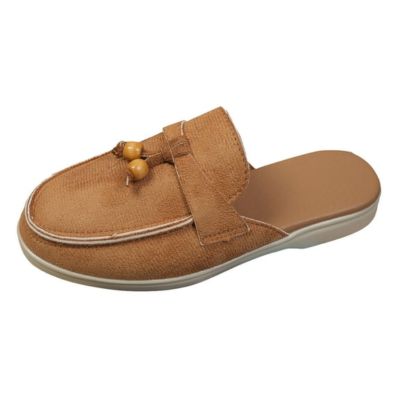 Women's Suede Flat Mules Beaded Casual Comfortable Round Toe Soft Sole ...