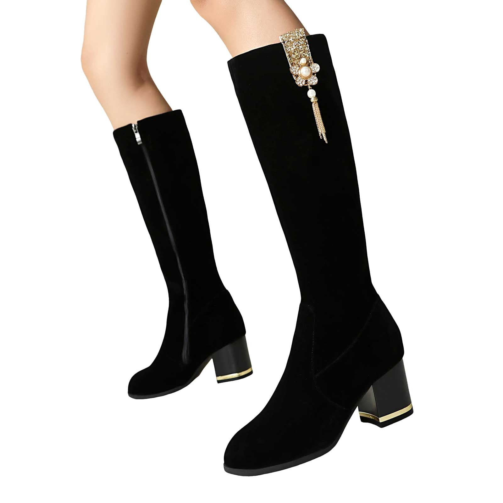 Women's Suede Knee High Boots Pointed Toe Stretchy Riding Booties Low ...