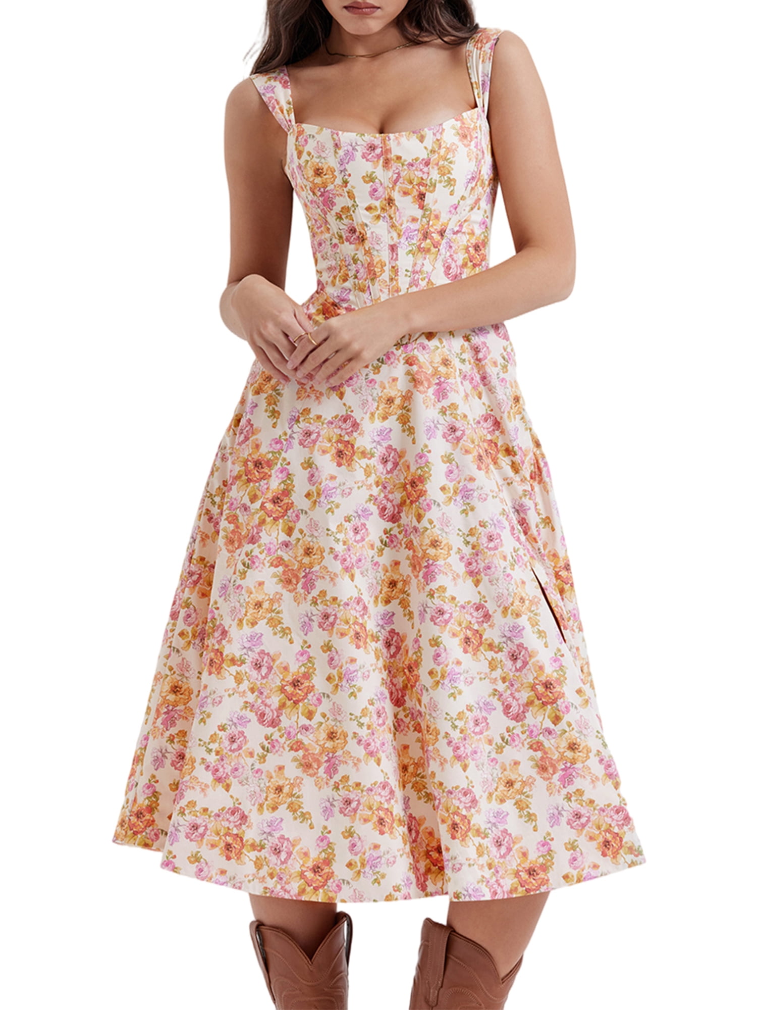 Women's Summer Bohemian Floral Print Corset Dress Sleeveless Spaghetti ...
