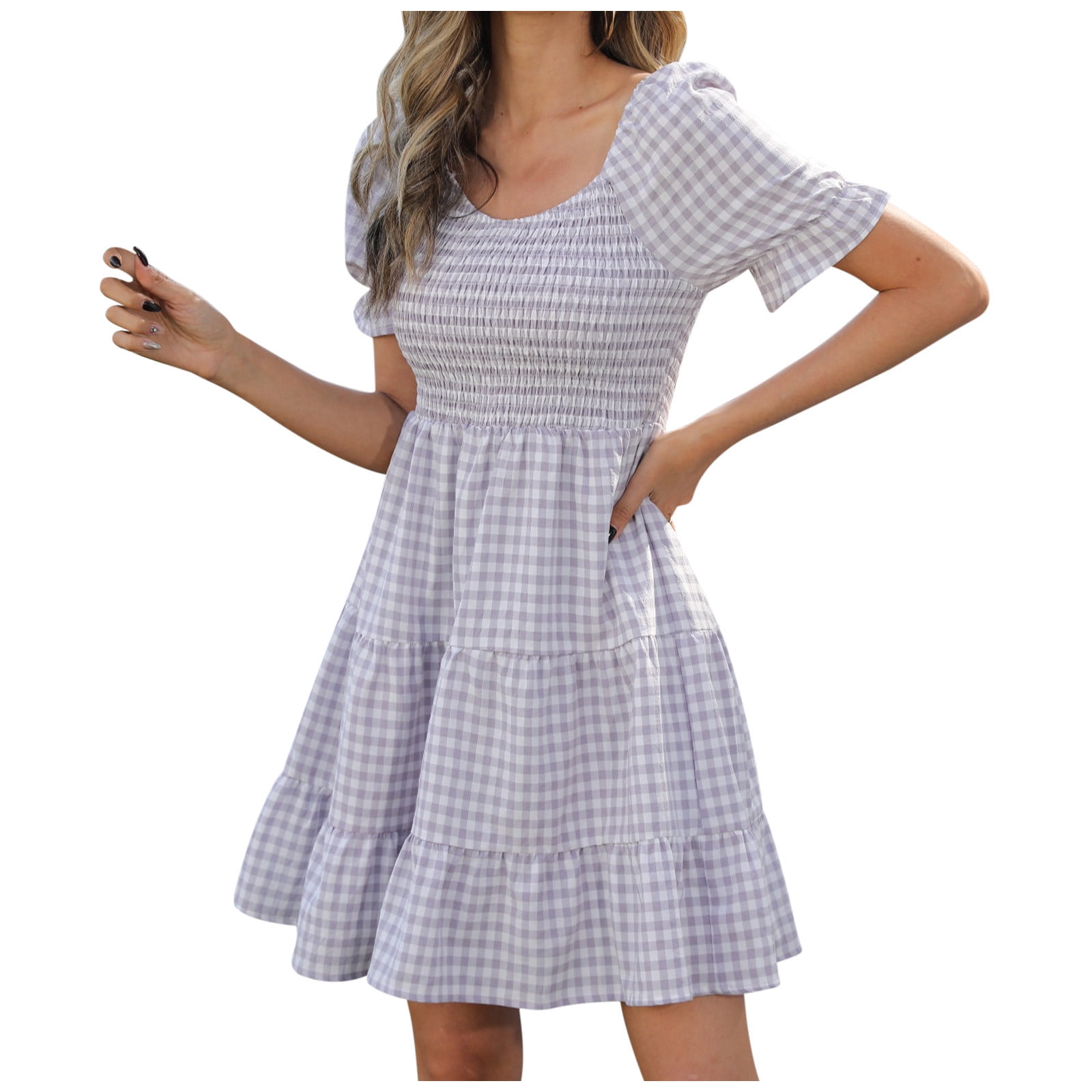 Women's Summer Casual Dress Puff Short Sleeve Smocked Ruffle Tiered ...