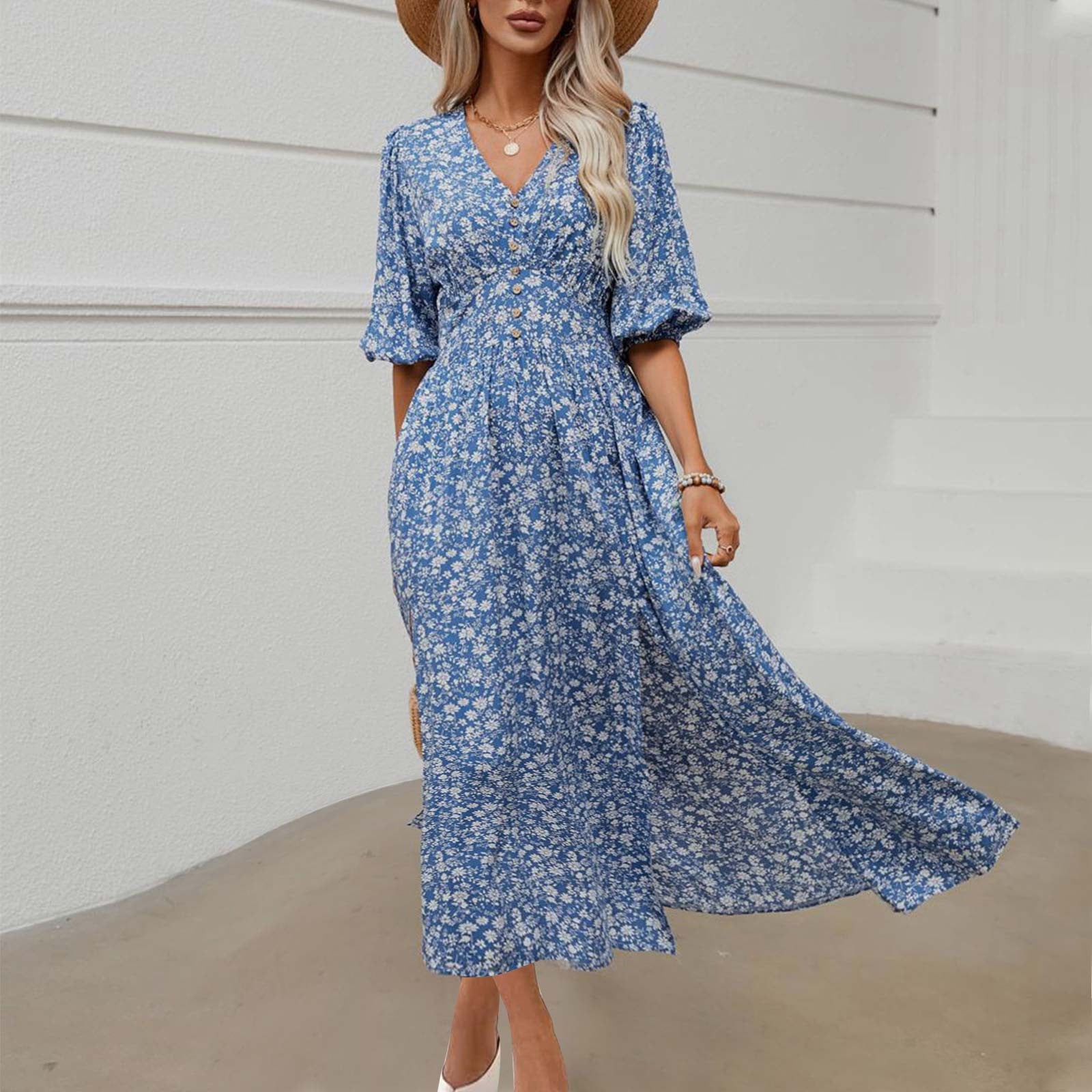 Women's Summer Casual Short Sleeve V-Neck Printed Dress with Pockets ...