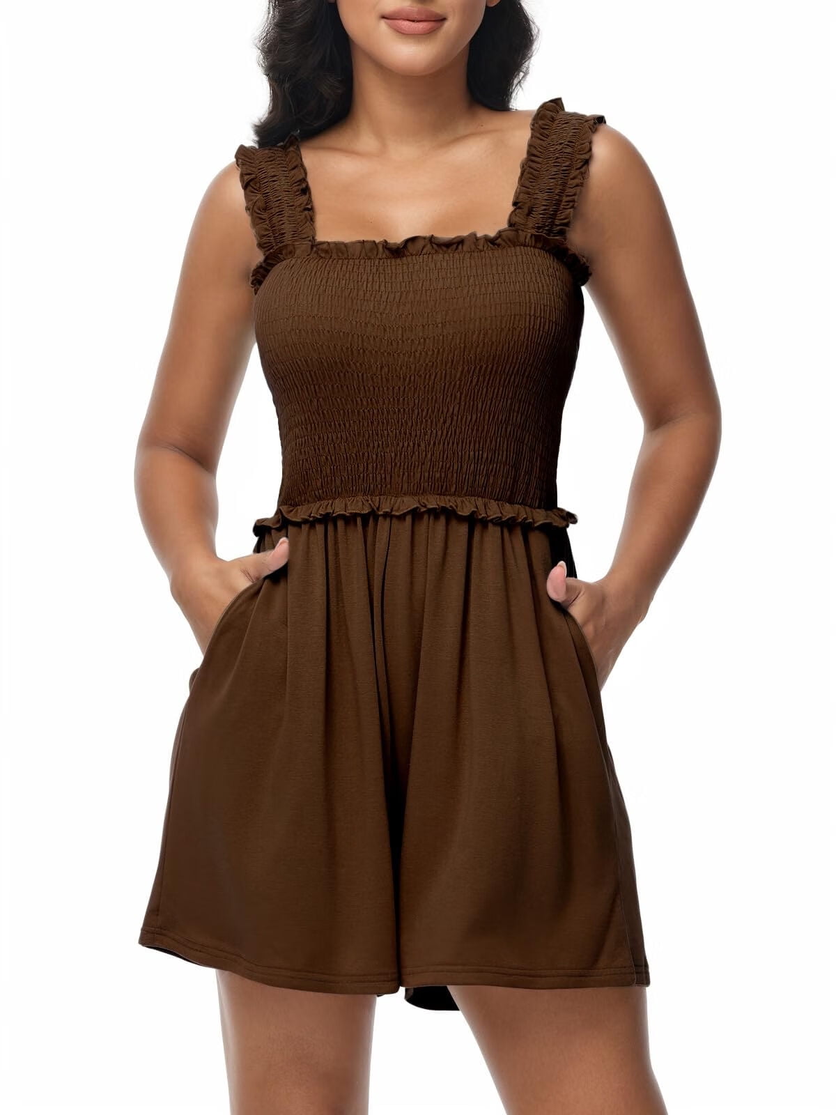 Women's Summer Casual Smocked Rompers Square Neck Sleeveless Loose ...