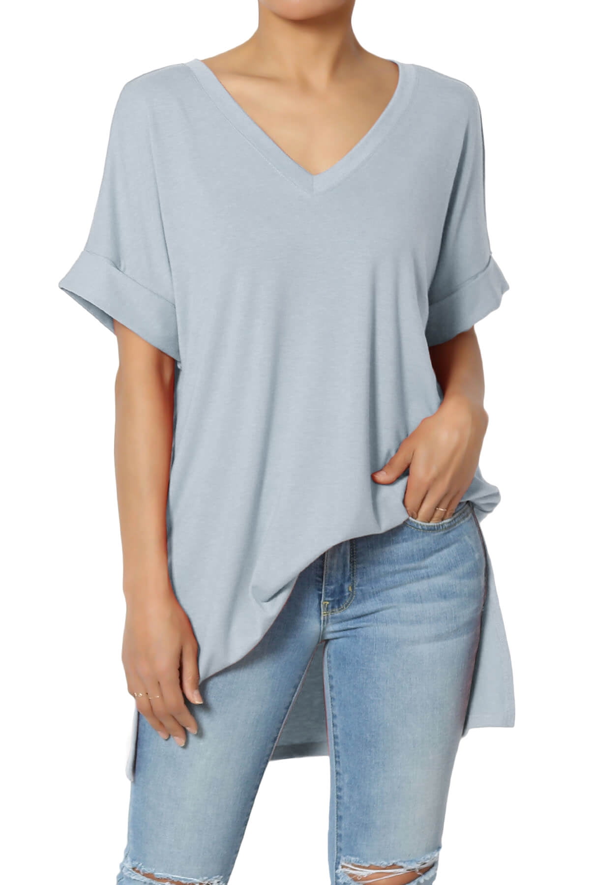 Women's Summer Casual V-Neck Rolled Short Sleeve Hi-Low Side Slit Tunic ...