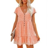 Women's Summer Chiffon Short Sleeve V Neck Dress Floral Button Down ...
