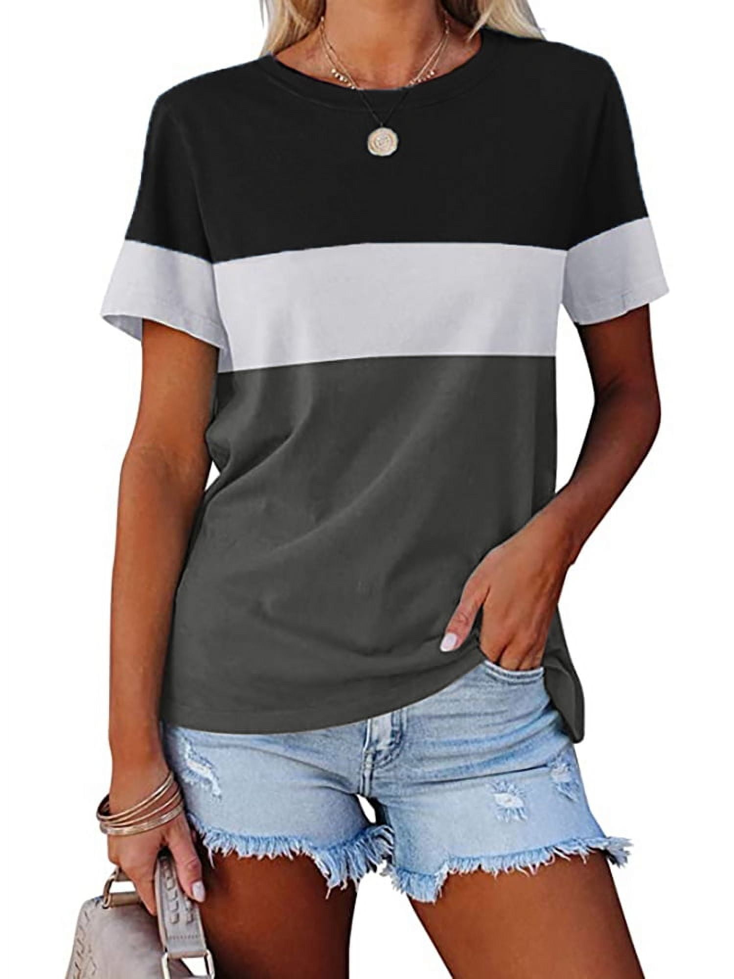 Women's Summer Color Block Short Sleeve Tunic Tops Crew Neck Casual ...