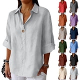 Women's Summer Cotton Linen Blouse Button 3/4 Sleeve Collared Loose Fit ...