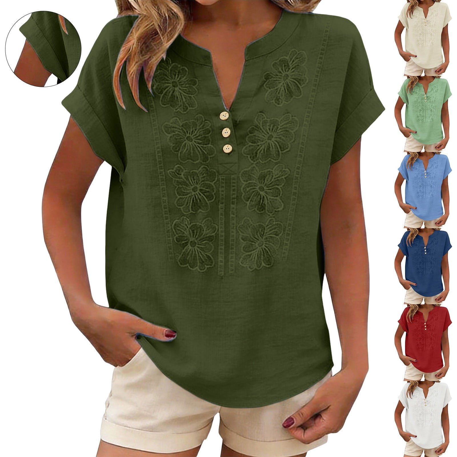 Women's Summer Cotton Linen Blouses Embroidered V Neck Short Sleeve ...