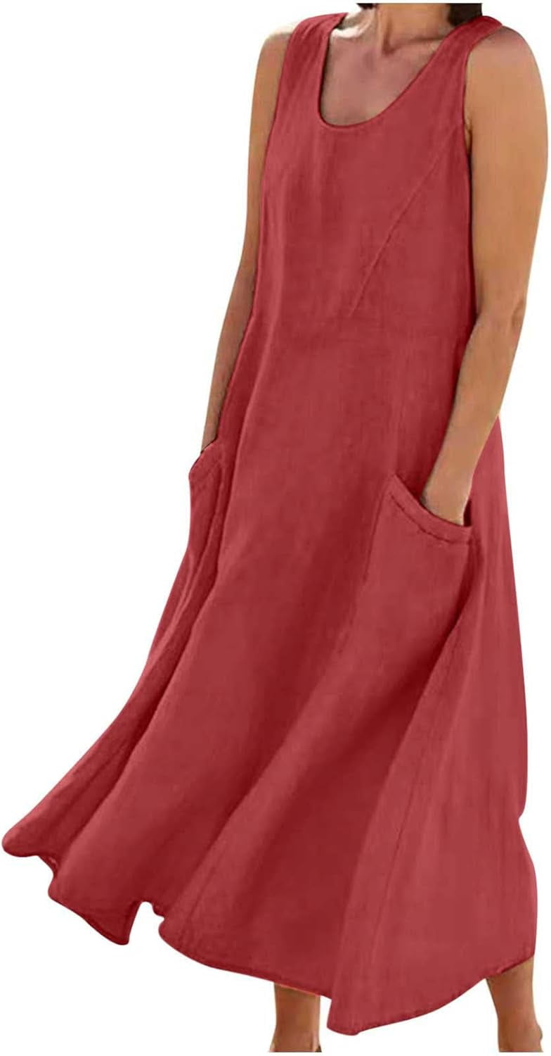 Women's Summer Cotton Linen Long Dress Sleeveless Elegant Flowy Dresses ...