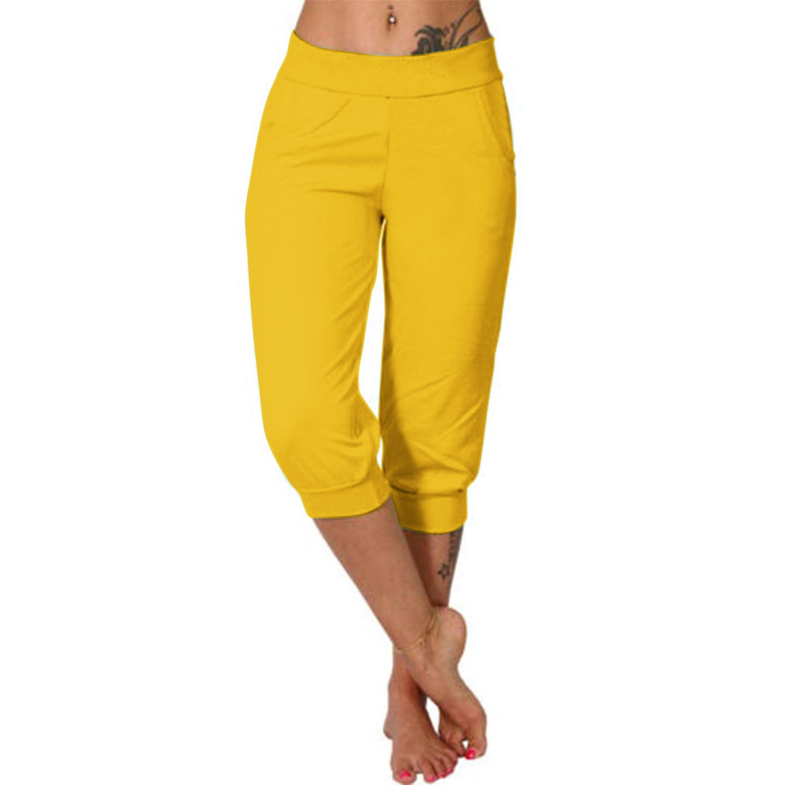 Womens Summer Cropped Pants Solid Color Drawstring Elastic Waist Loose