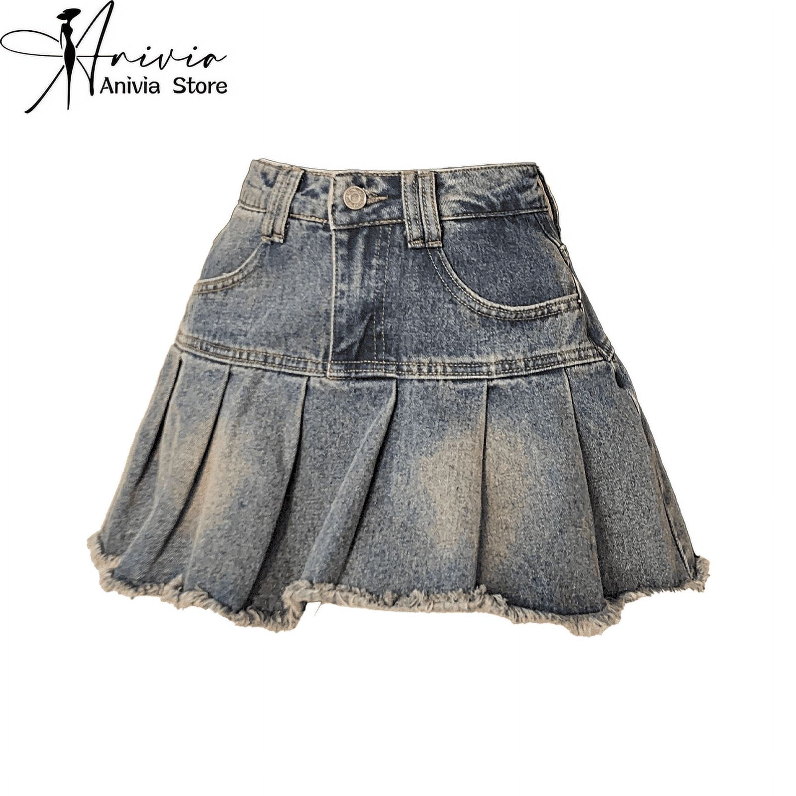 Women's Summer Cute Denim Short Skirt High Waist Burr Edge Spliced ...