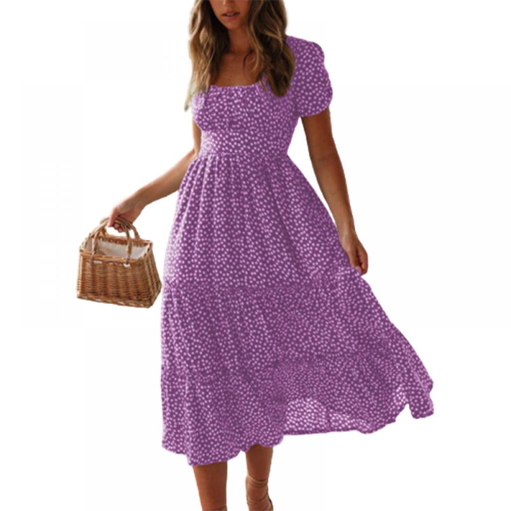 Women’s Summer Dress Ruffle Sleeve Square Neck Midi Dress Floral Tunic ...