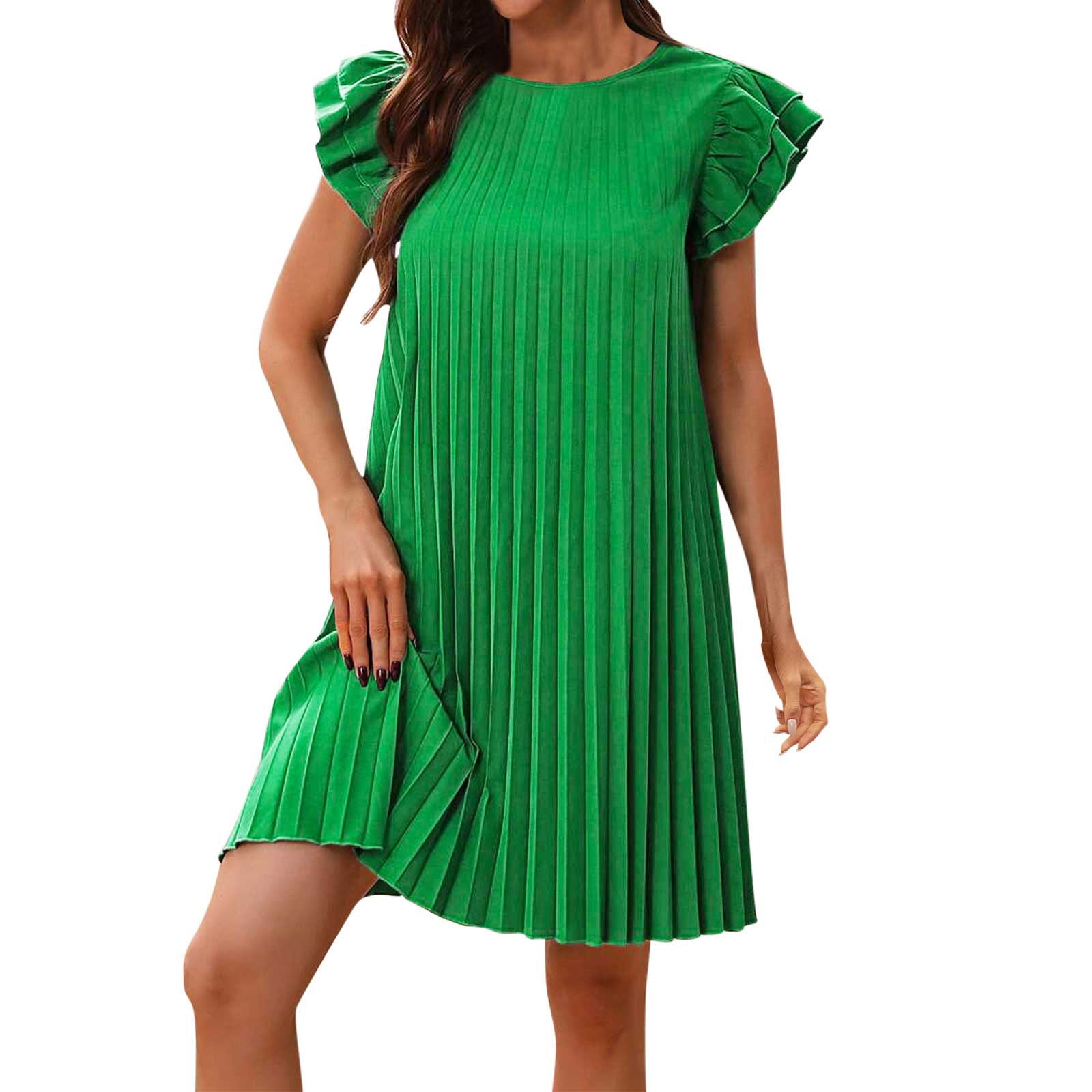 Women's Summer Dresses Ruffle Short Sleeve Pleated Mini Dresses A-Line ...