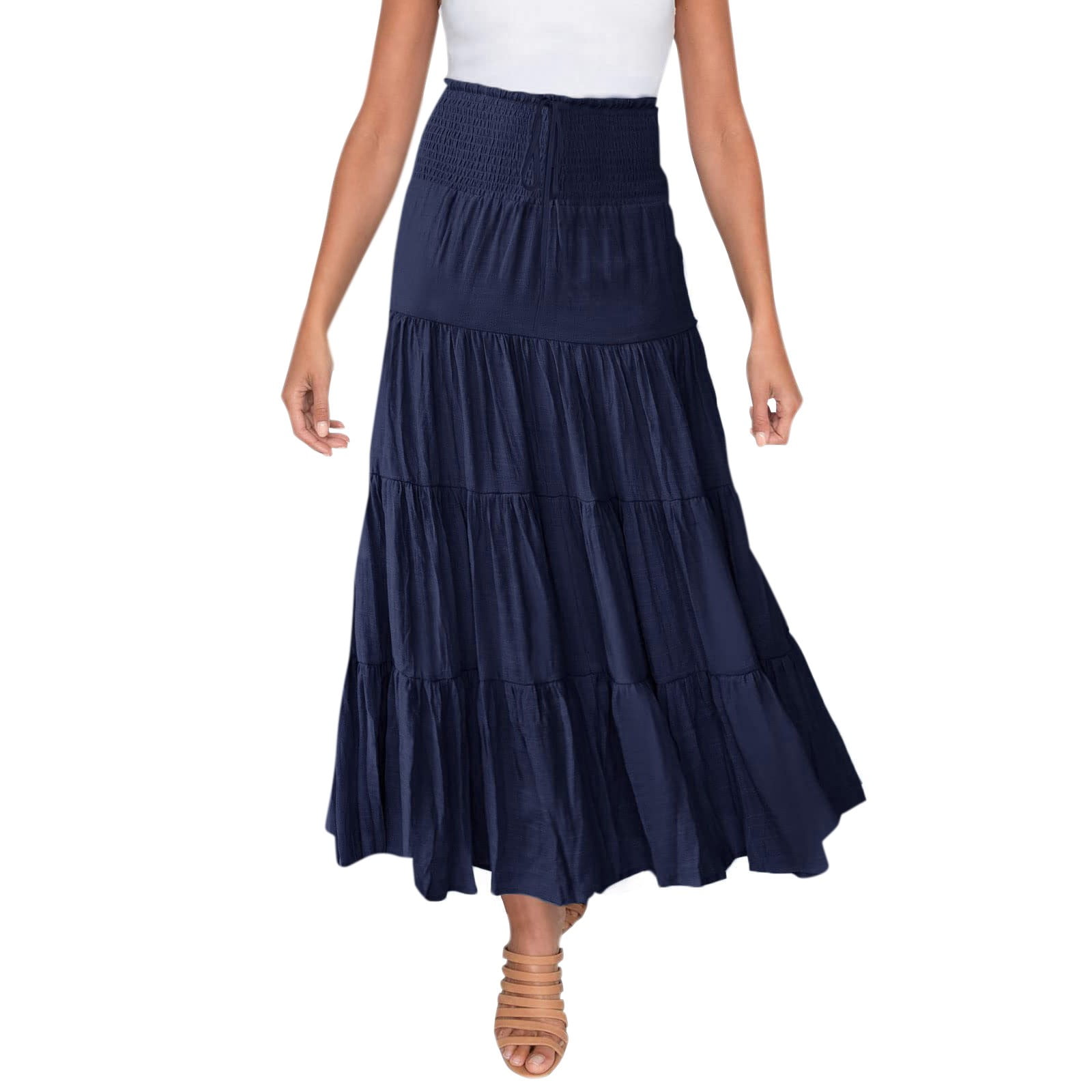 Women's Summer Elastic High Waist Boho Maxi Skirt Casual Drawstring A ...