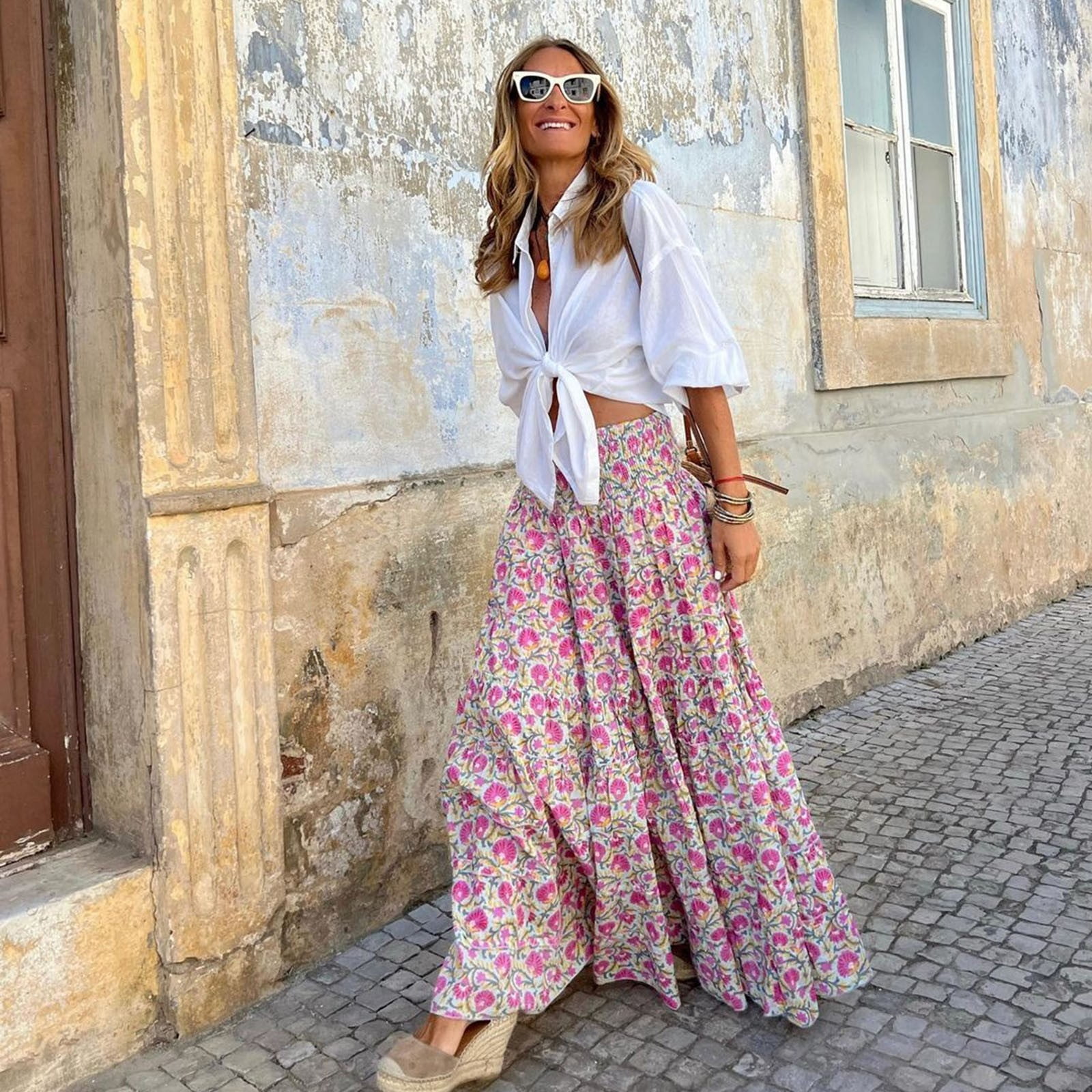 Women's Summer Elastic High Waist Boho Maxi Skirt Casual Drawstring A ...