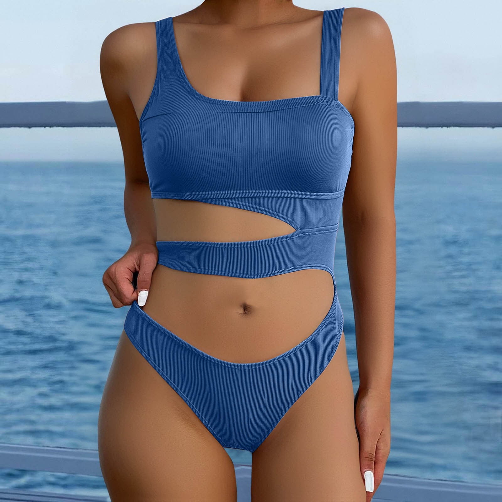 Women's Summer Fashion Suspender Waist Hollow One Swimsuit Solid Color Sexy Bikini Swimsuit ...