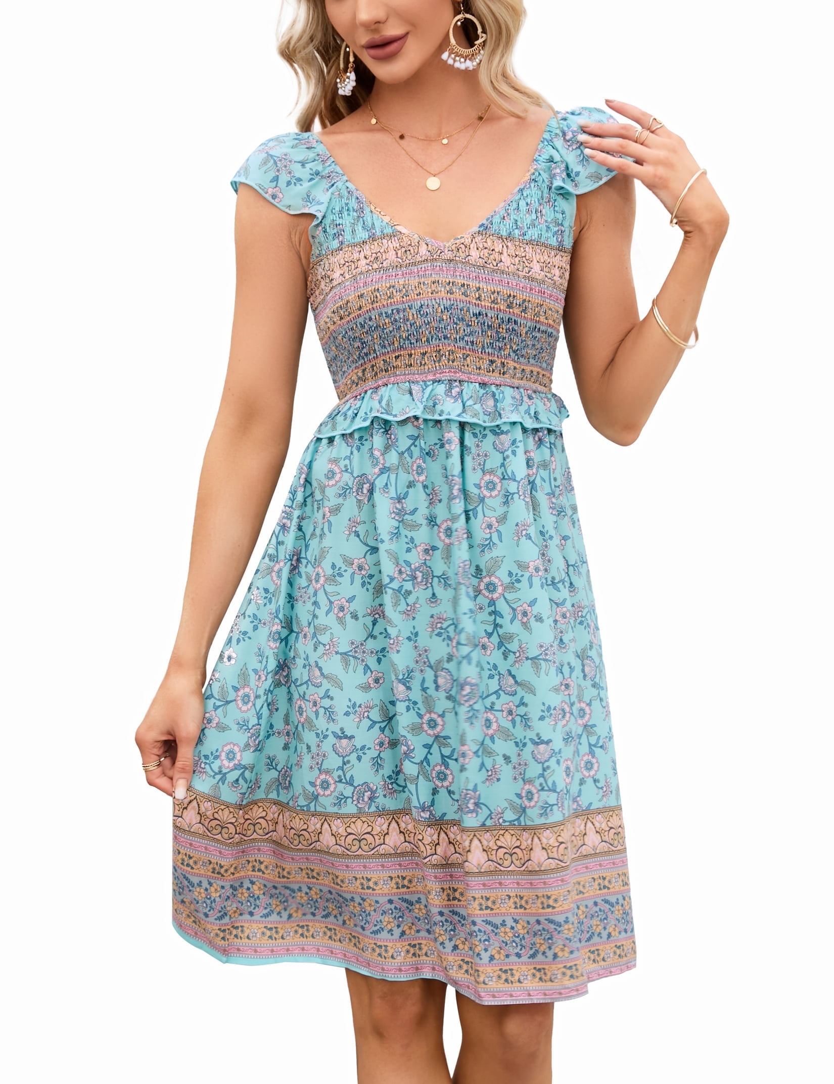 Women's Summer Floral V Neck Flutter Sleeve Bohemian Smocked Casual ...