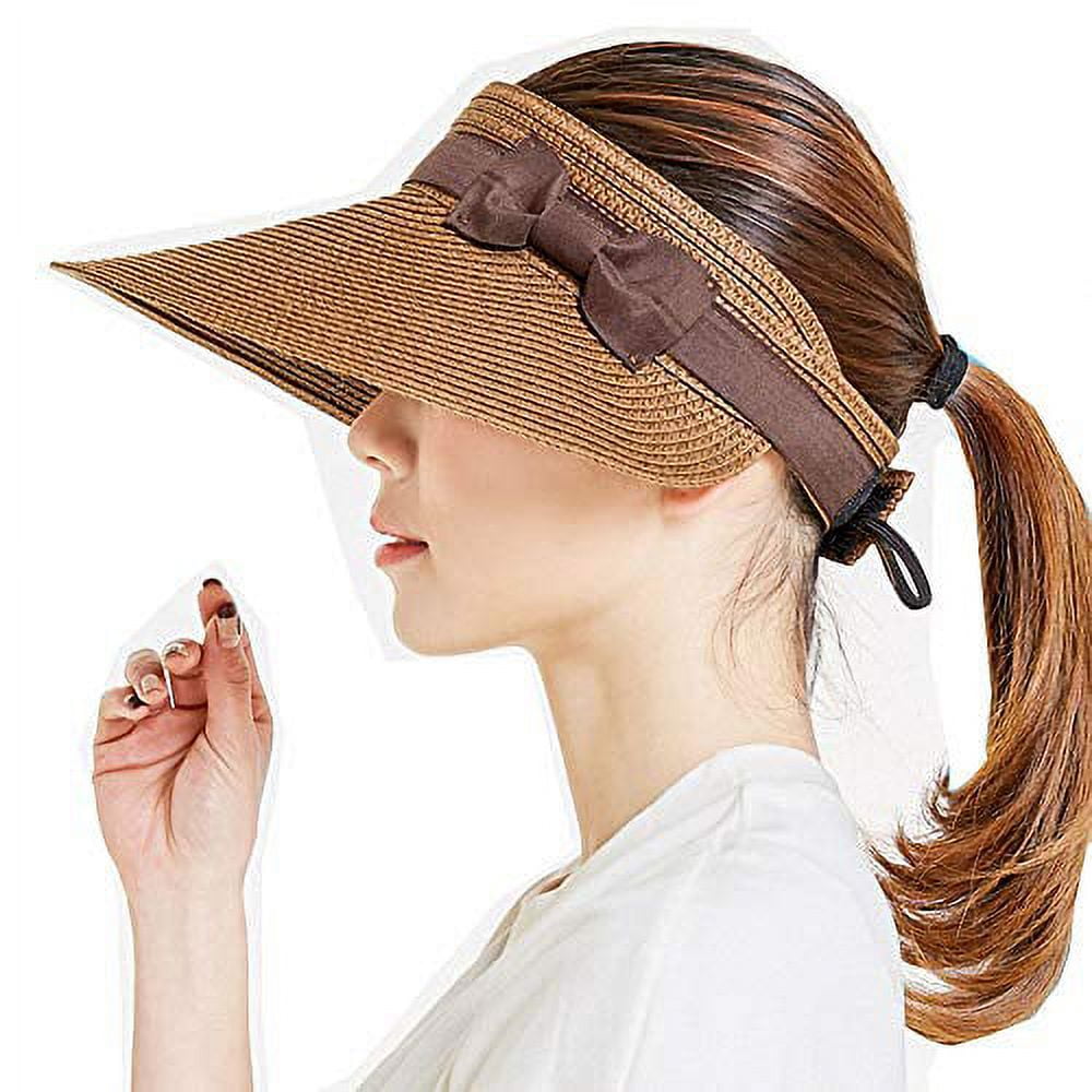 Women’s Summer Foldable Straw Sun Visor w/Cute Bowtie UPF 50+ Packable ...