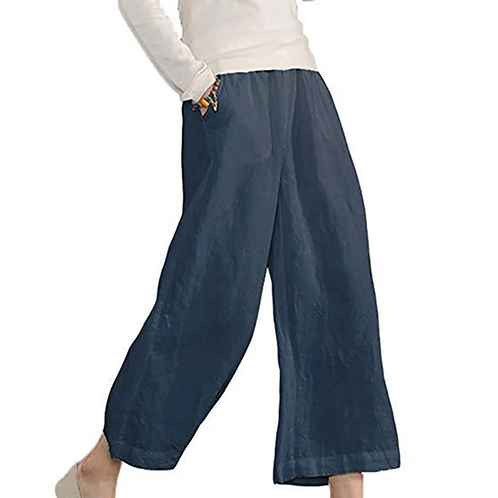 Women's Summer High Waisted Cotton Linen Palazzo Wide Leg Casual Pants ...
