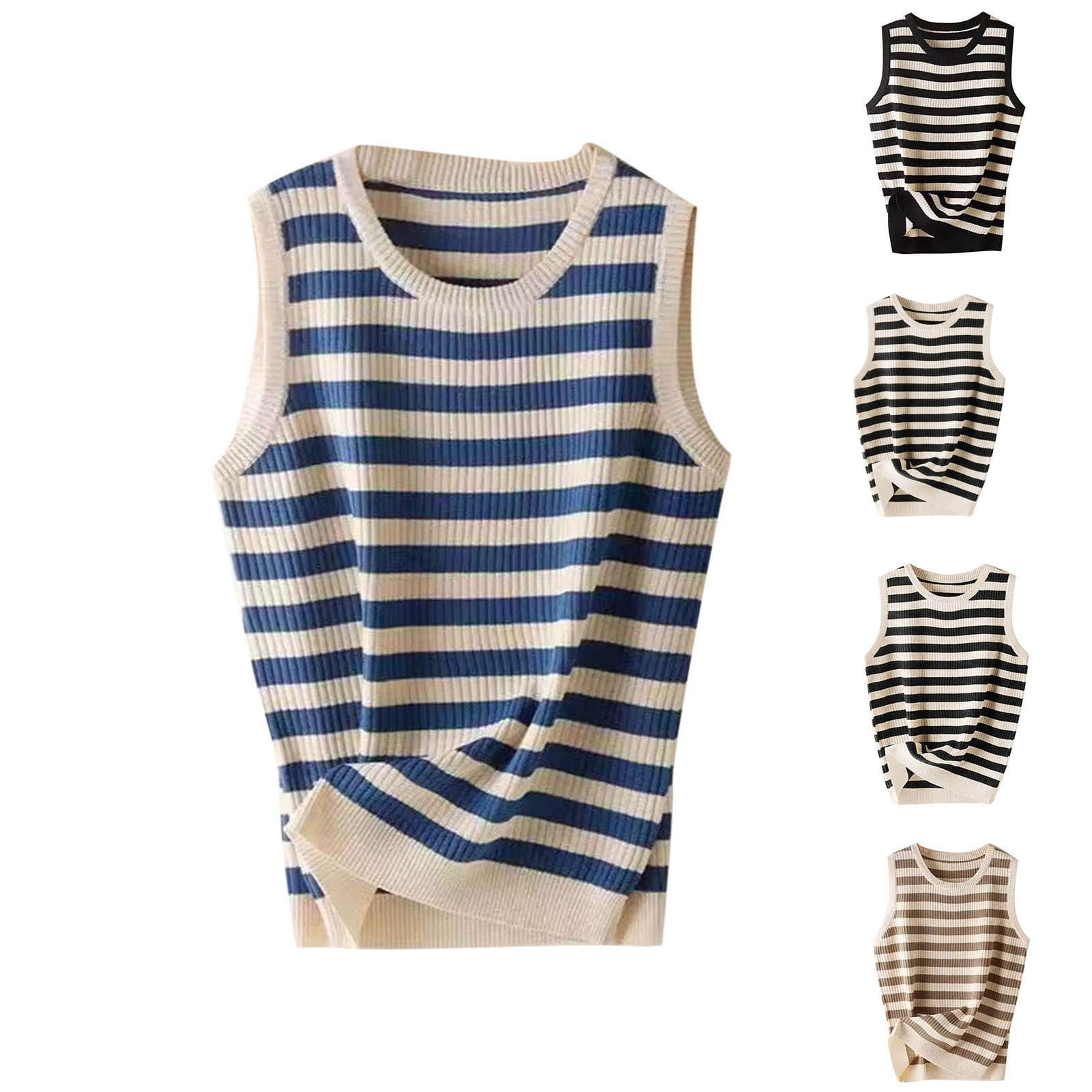 Women's Summer Knit Striped Tank Tops Trendy Crewneck Sleeveless ...