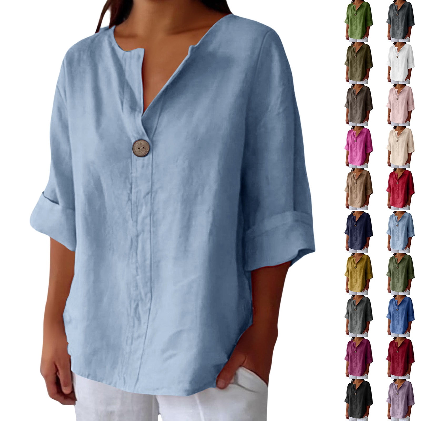 Women's Summer Linen Shirt | V Neck Half Sleeve Loose Fit Button Down ...