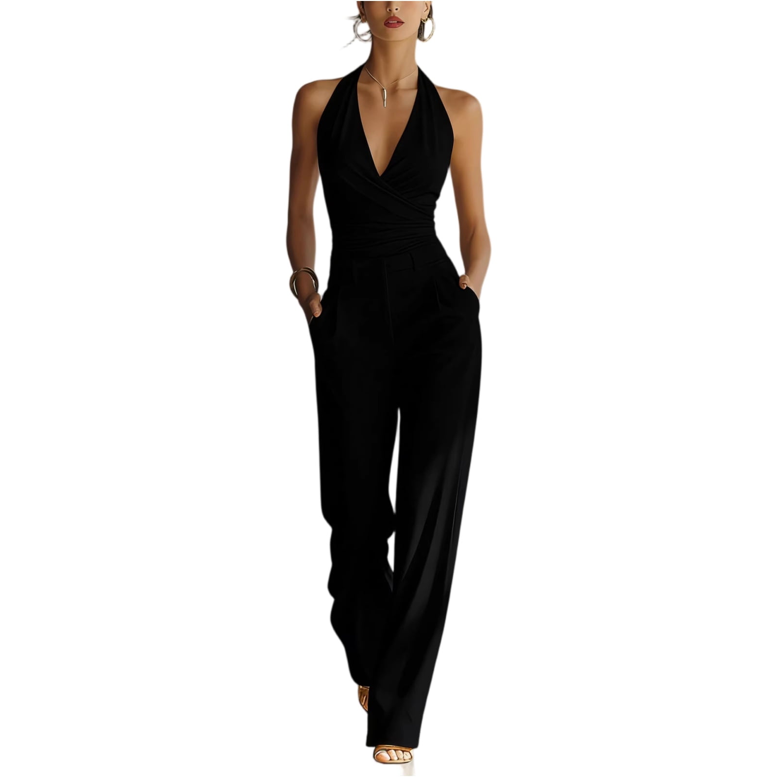Women's Summer Linen Slim Fit Jumpsuit Sleeveless V-Neck Casual Formal ...