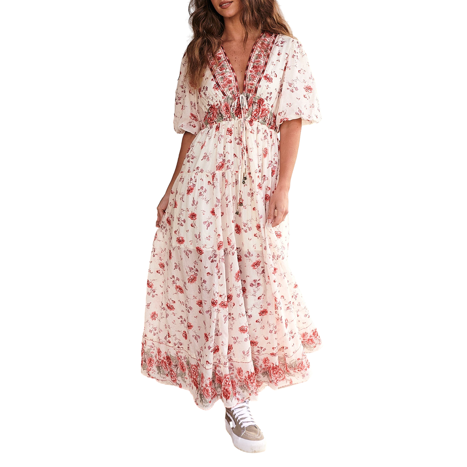 Women's Summer Long Beach Dress Short Sleeve Deep V Neck Boho Floral ...