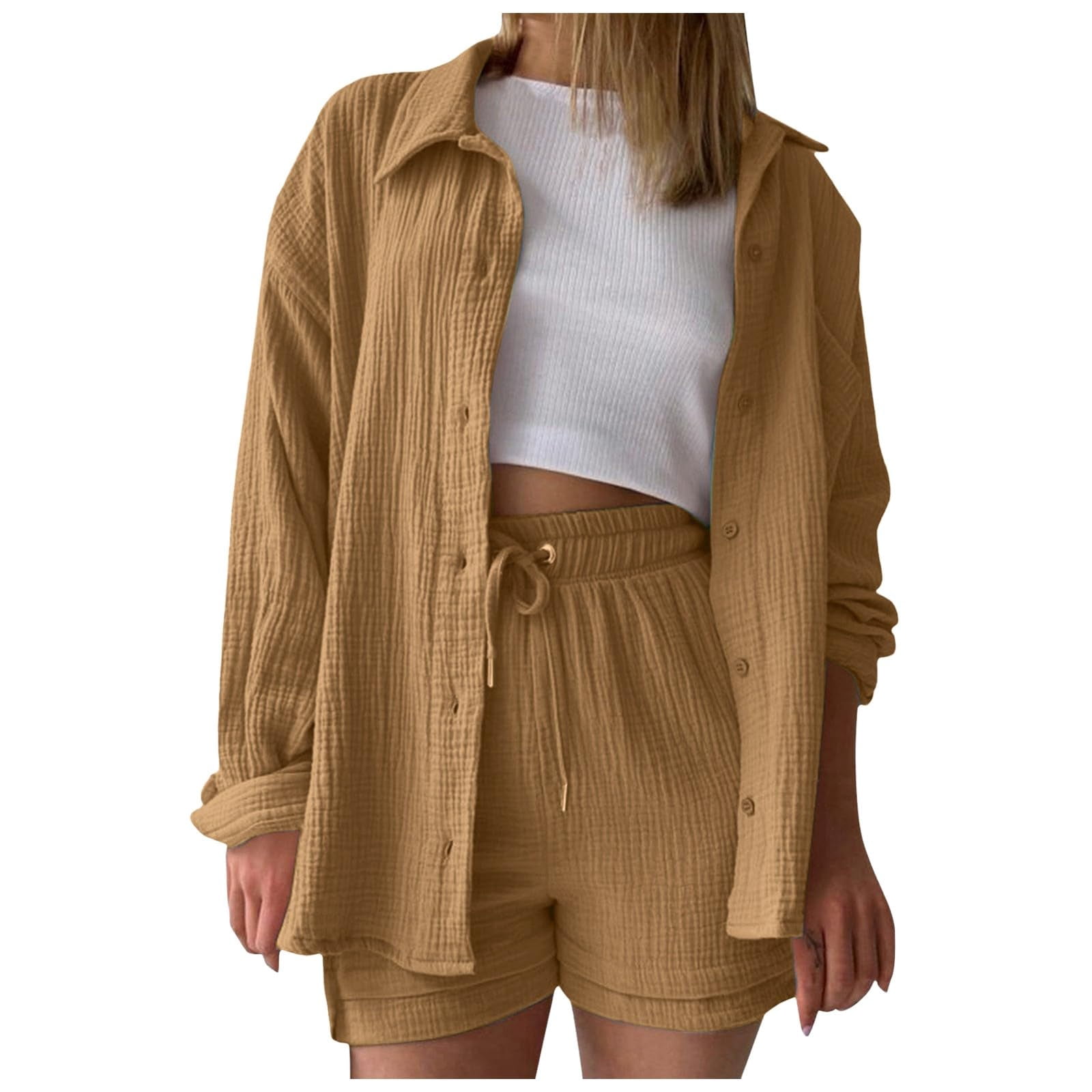 Women's Summer Lounge Set - Elegant Muslin Blouse & Shorts | 2-Piece ...