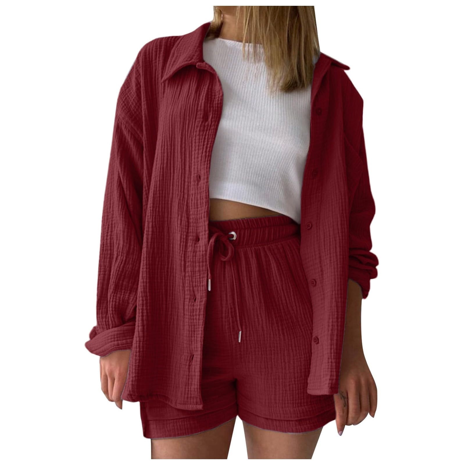 Women's Summer Lounge Set - Elegant Muslin Blouse & Shorts | 2-Piece ...