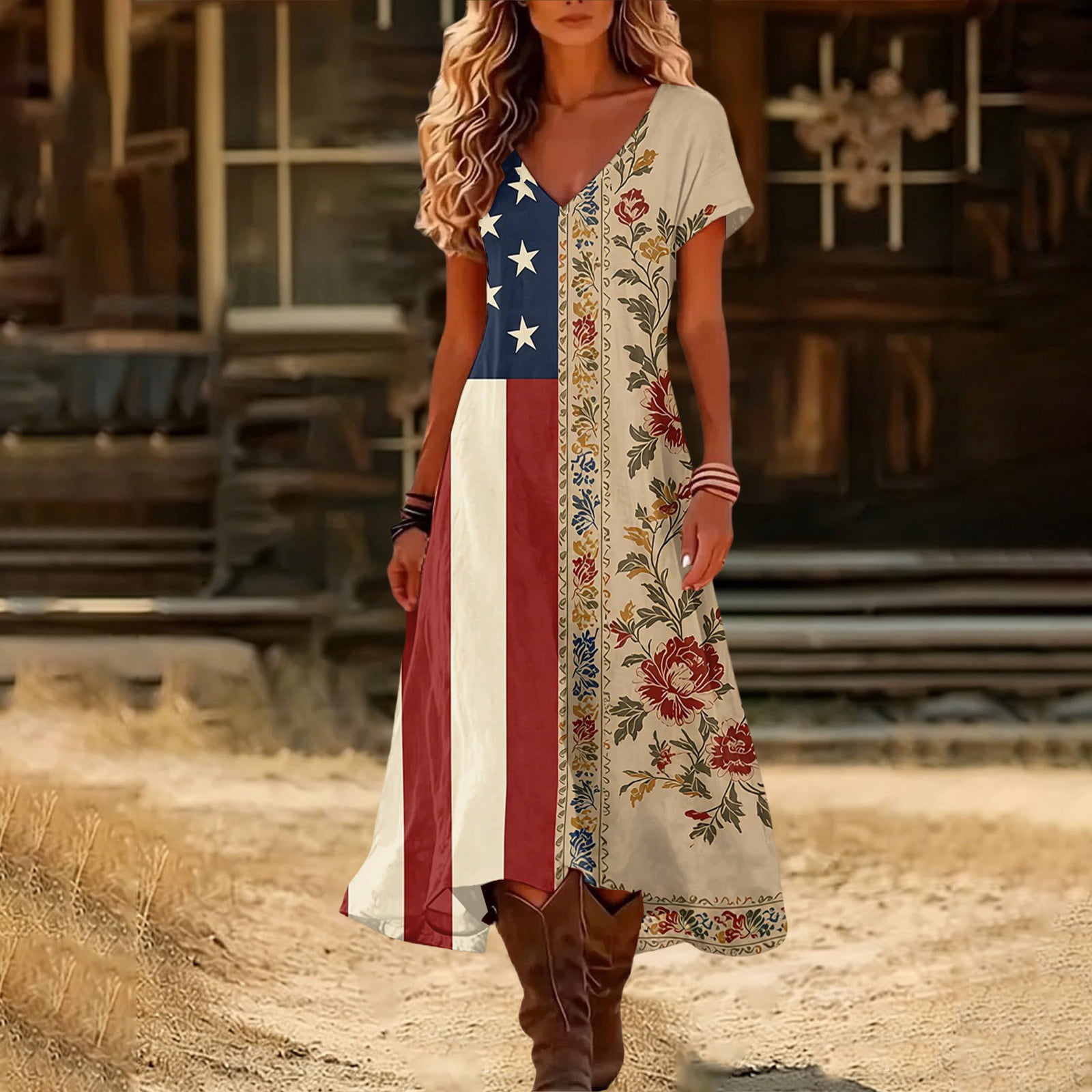 Women's Summer Maxi Dress 2026 Short Sleeve Flag Printed Independence ...