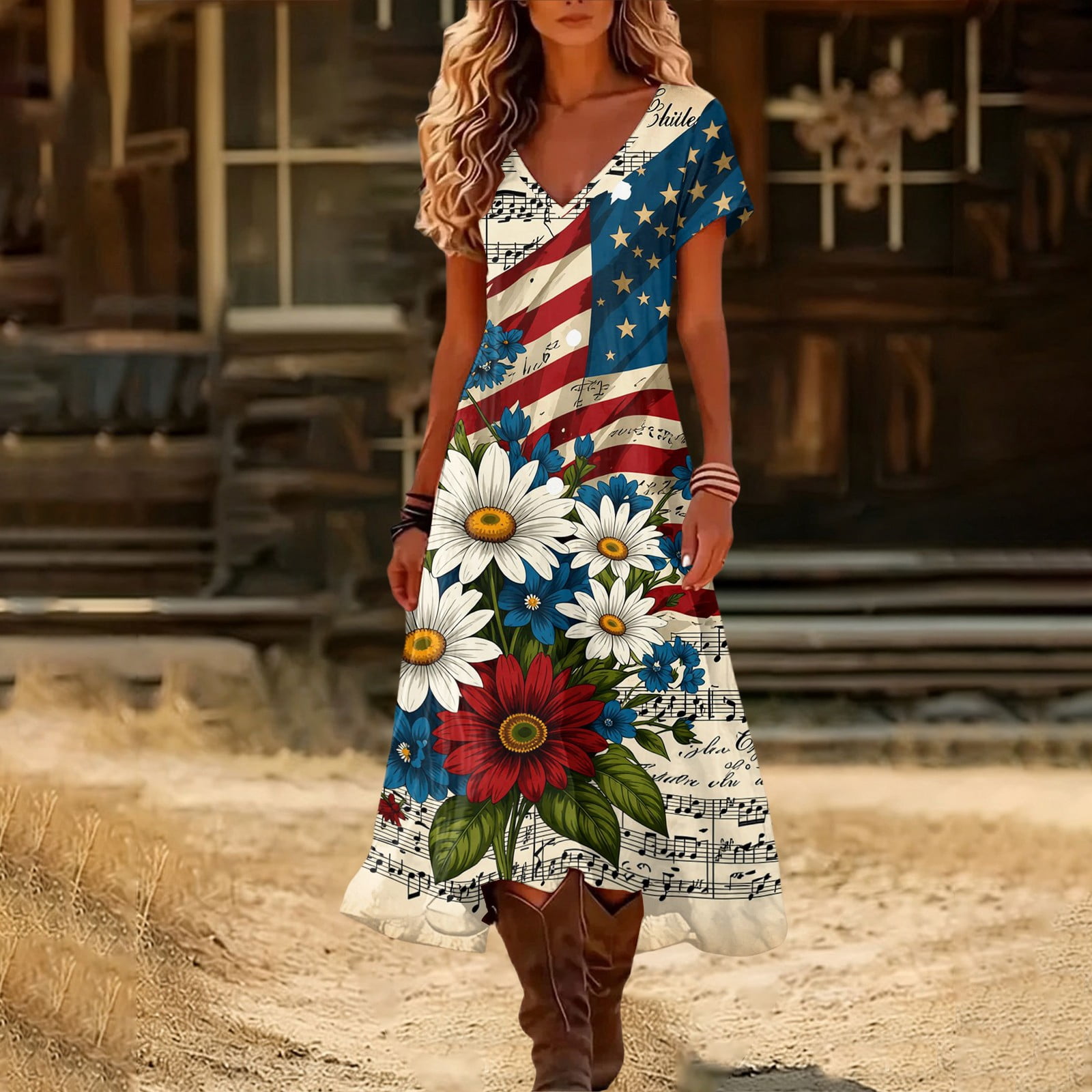 Women's Summer Maxi Dress 2026 Short Sleeve Flag Printed Independence ...