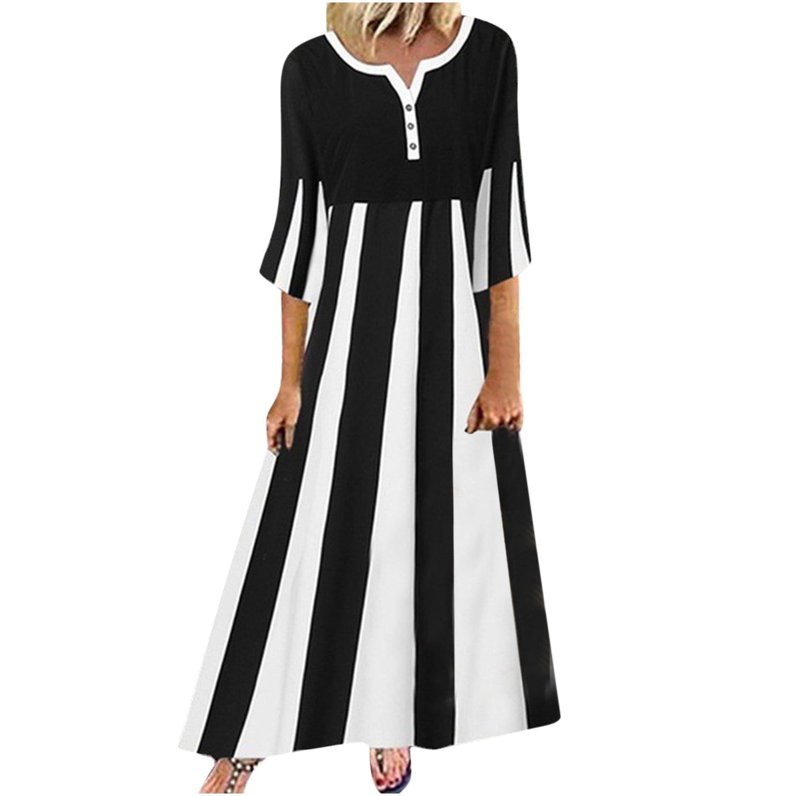 Women's Summer Maxi Dress for Casual Stripe Print Half Sleeve Loose ...