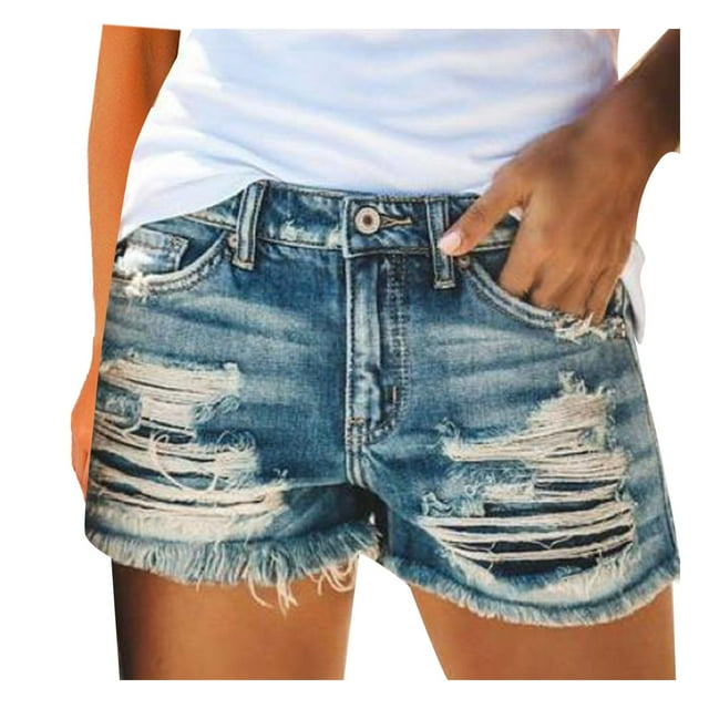 BLVB Women's Stretchy Mid Rise Summer Ripped Denim Shorts, Distressed ...