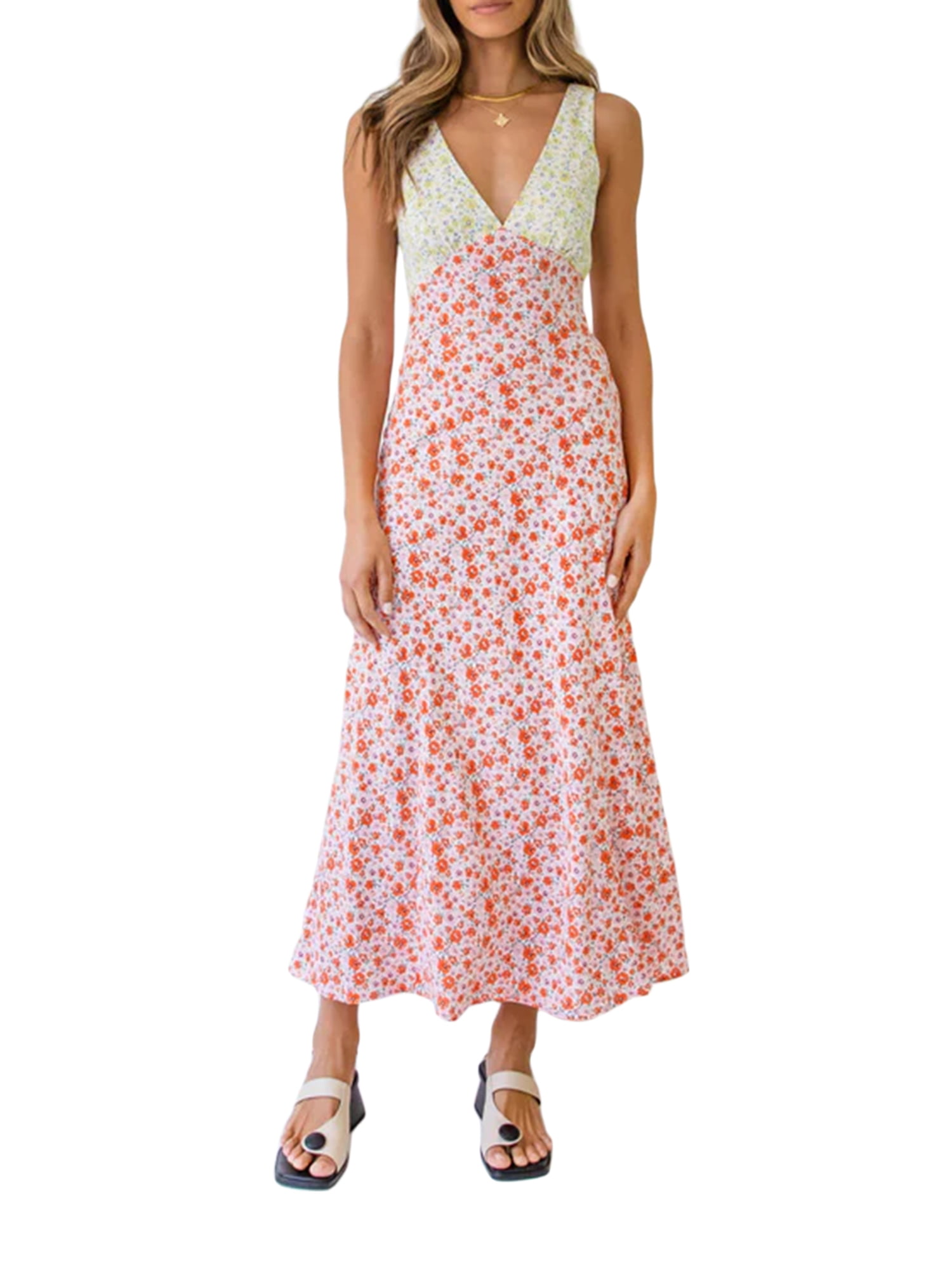 Women’s Summer Midi Dress, Bohemian Deep V Neck Sleeveless Floral Print ...